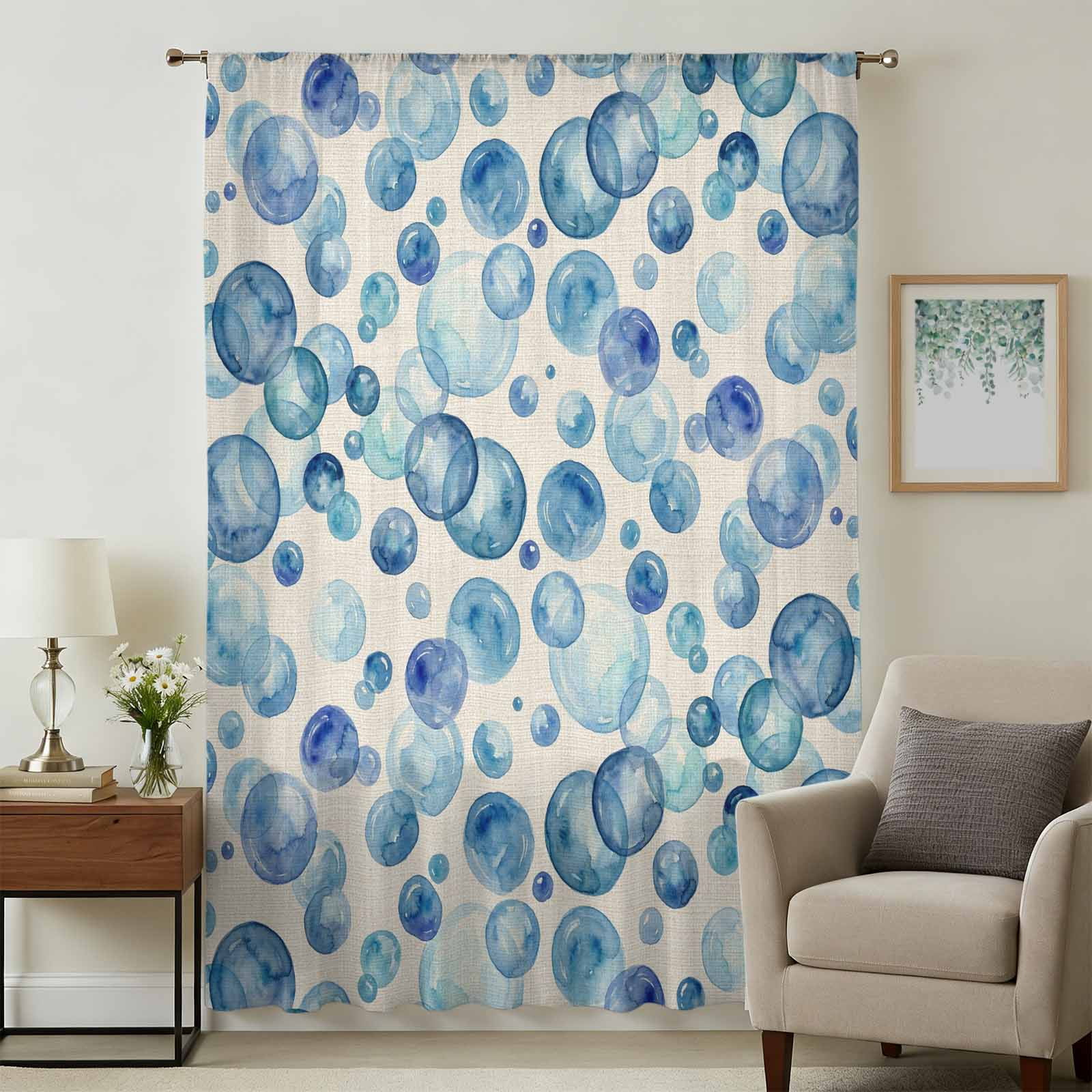 Blue Bubble Sheer Curtains 63 Inches Long, Watercolor Ocean Bubble ...
