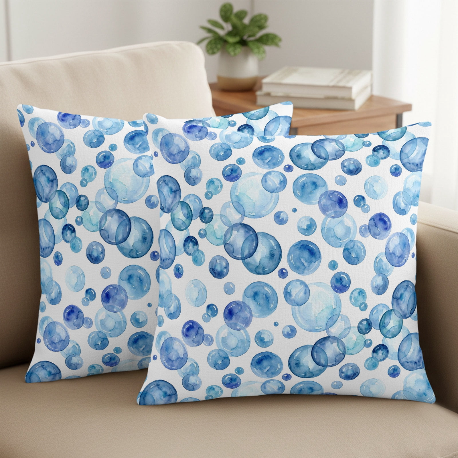 Blue Bubbles Pillow Covers Set of 2, Watercolor Gradient Bubble Summer ...
