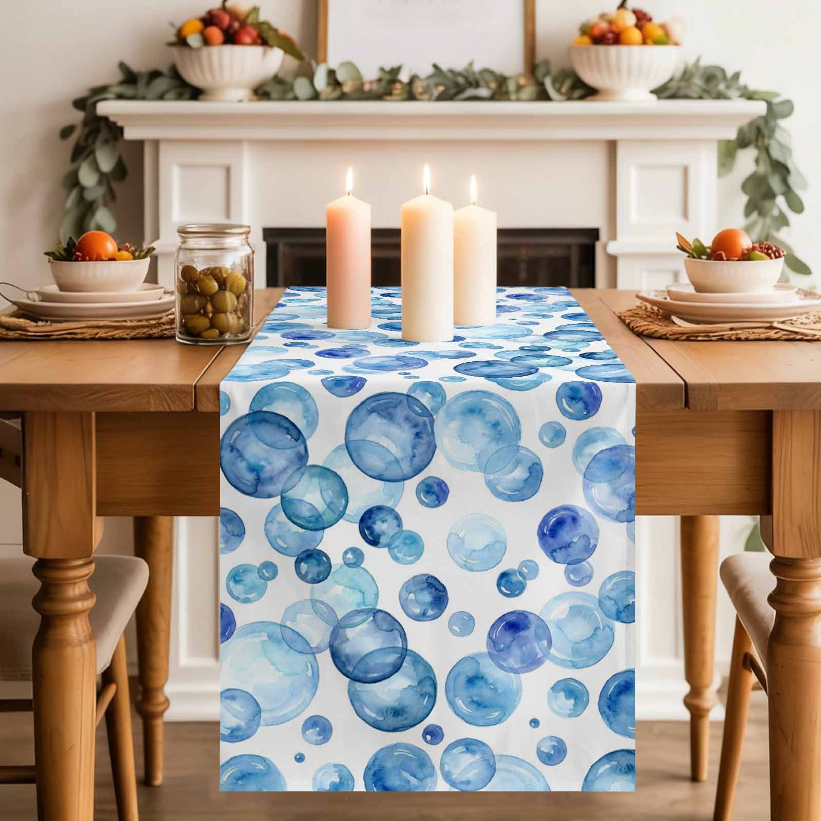 Blue Bubbles Table Runner, Watercolor Gradient Bubble Summer Ocean ...