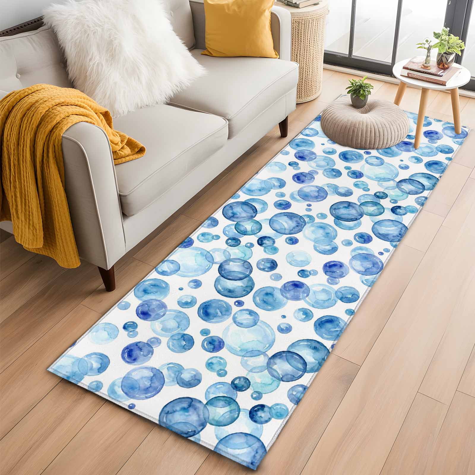Blue Bubbles Washable Runner Rugs 2'x6', Watercolor Gradient Bubble ...