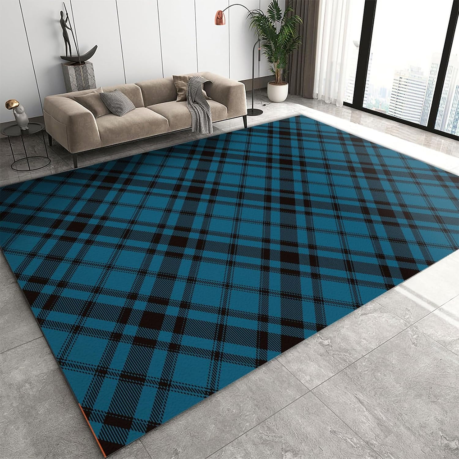 Blue Buffalo Plaid Area Rugs Black Fabric Geometry Plaid Living Room ...