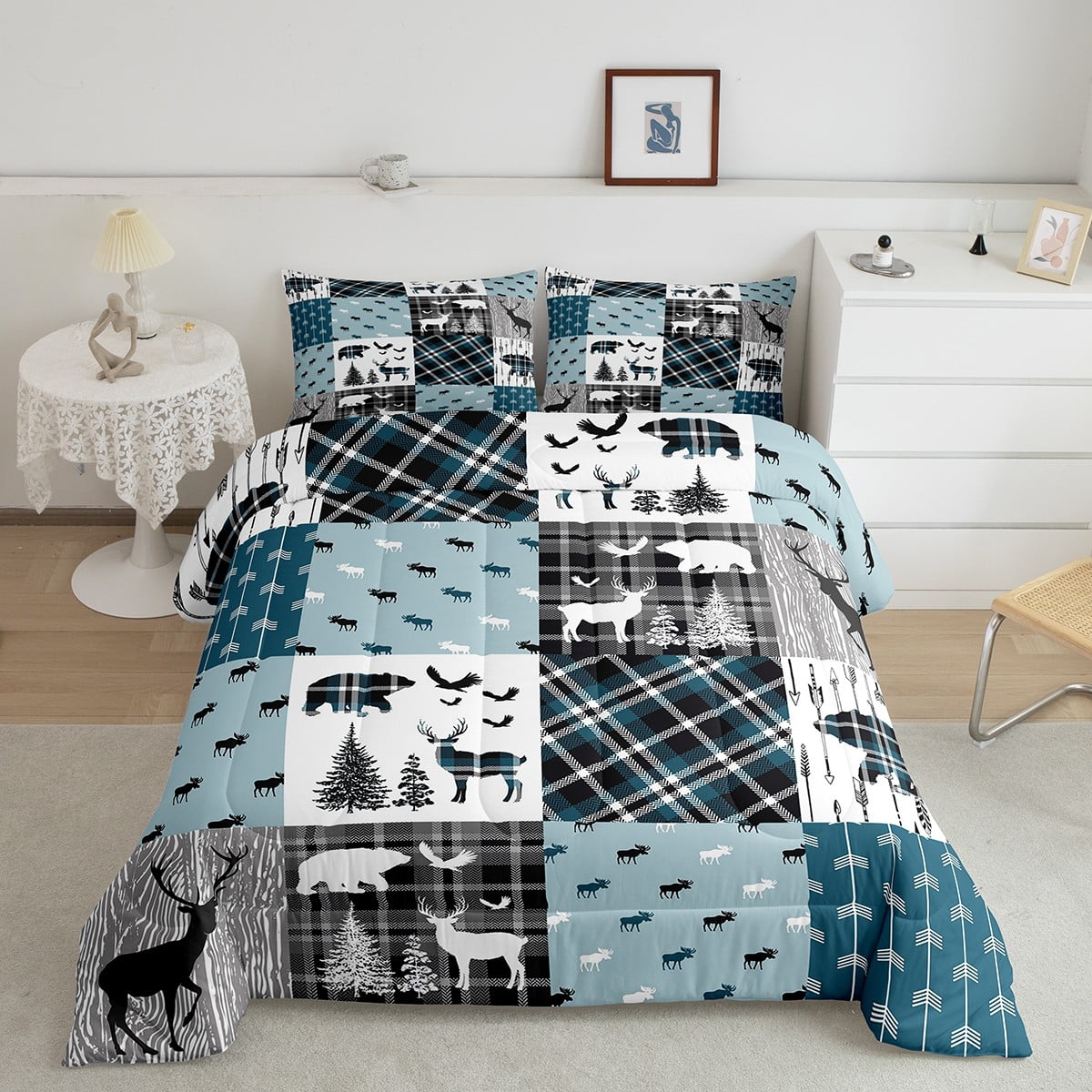 Blue Buffalo Plaid Bedding Set ,Woodland Bear Moose Comforter Set ...