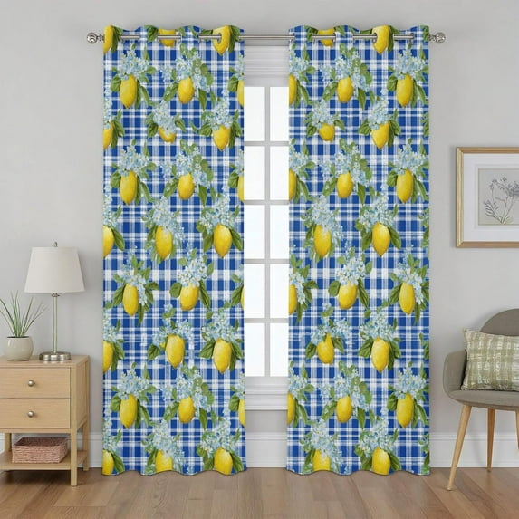 Blue Buffalo Plaid Curtains For Living Room, Fruit Floral Lemon Drapes ...