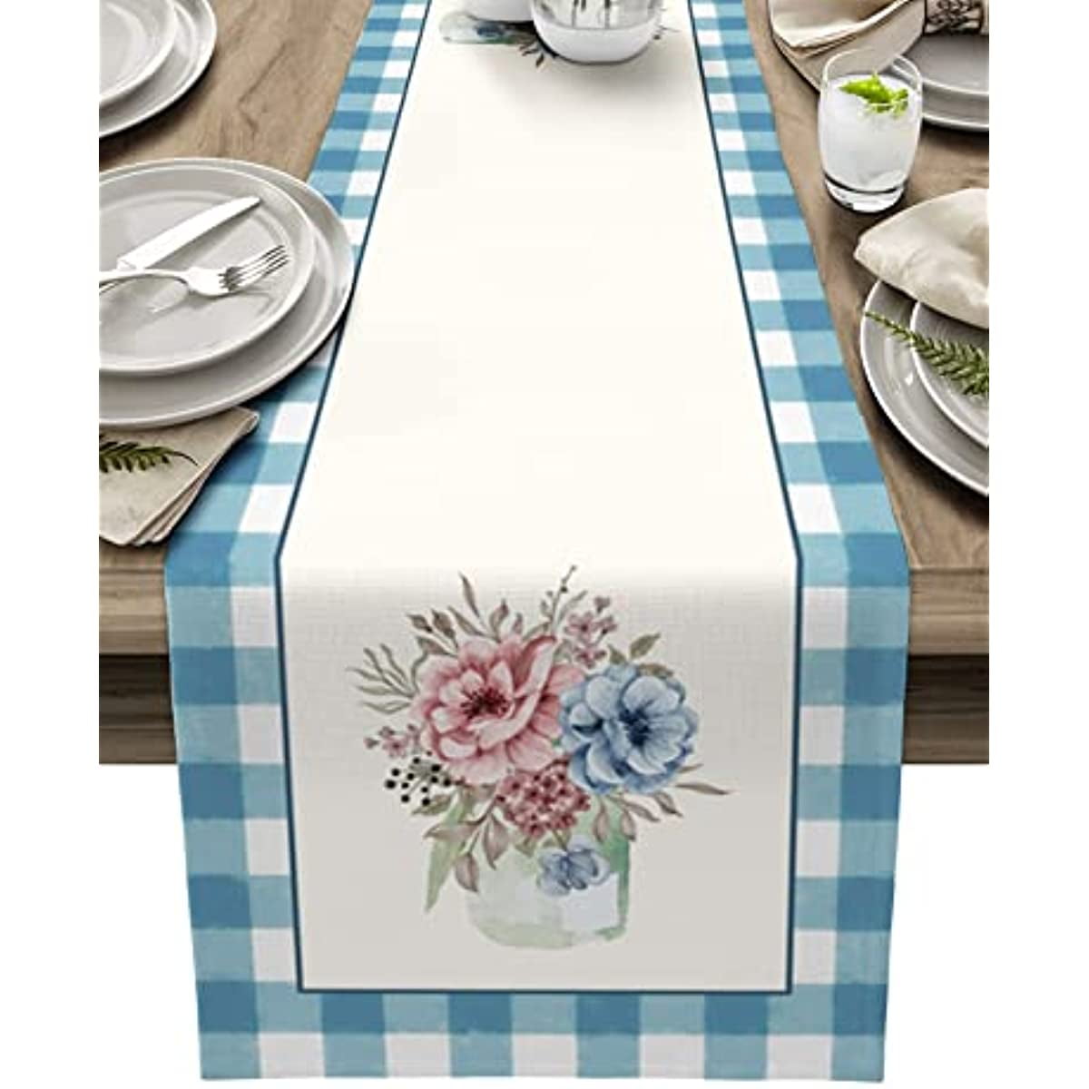 Blue Buffalo Plaid Flowers In Glass Vase Linen Table Runners Wedding ...