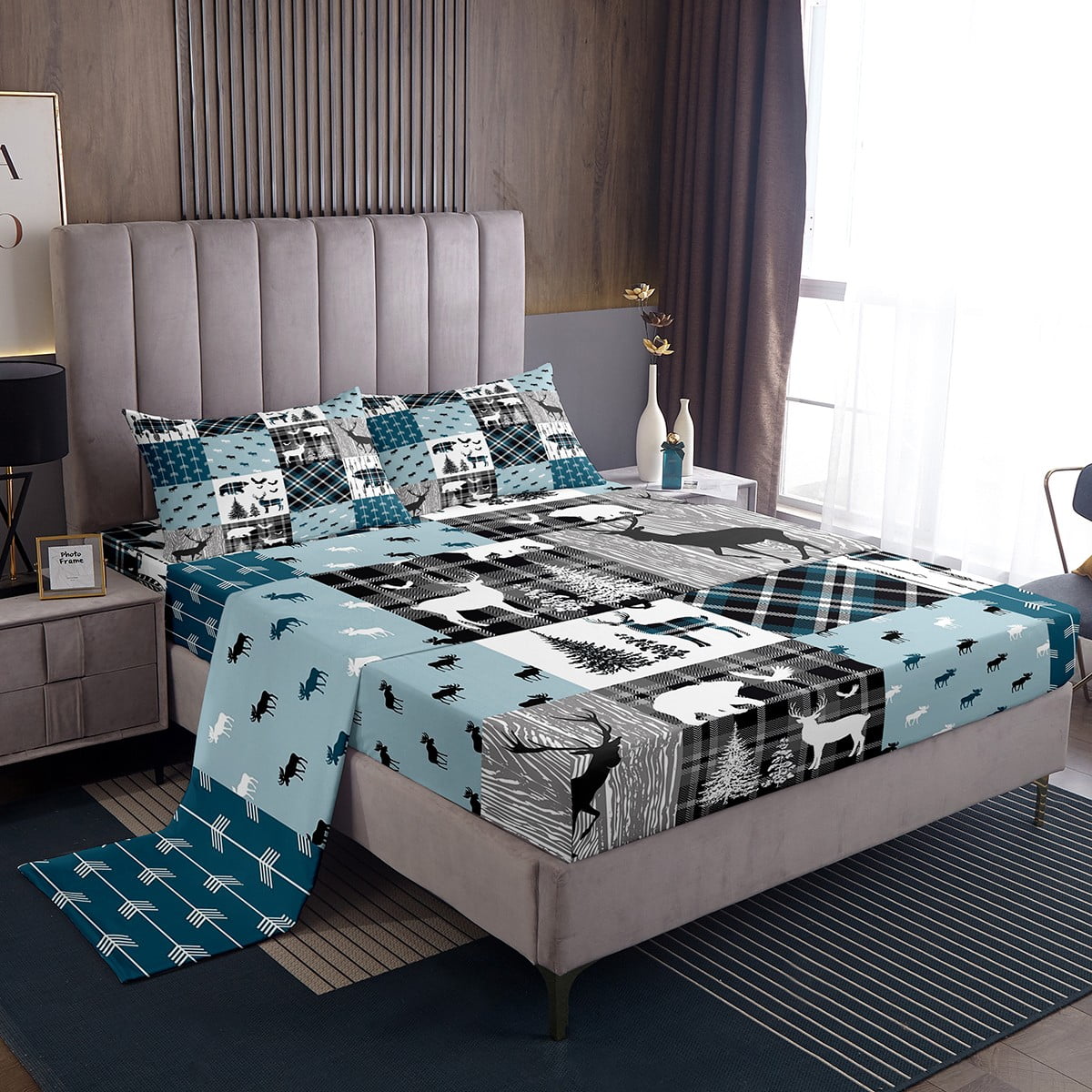 Blue Buffalo Plaid Sheet Set,Woodland Bear Moose Bed Sheets Hunting ...