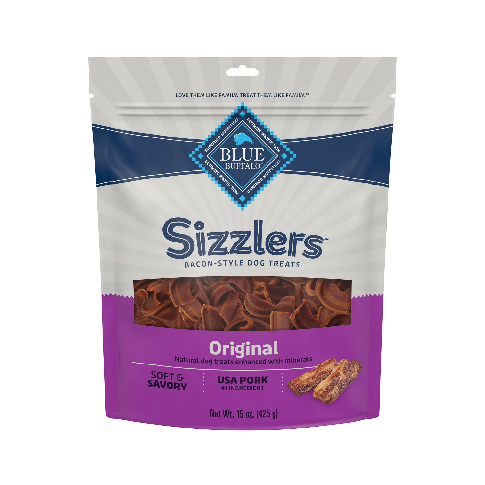Blue Buffalo Sizzlers Natural BaconStyle SoftMoist Original Pork Dog ...