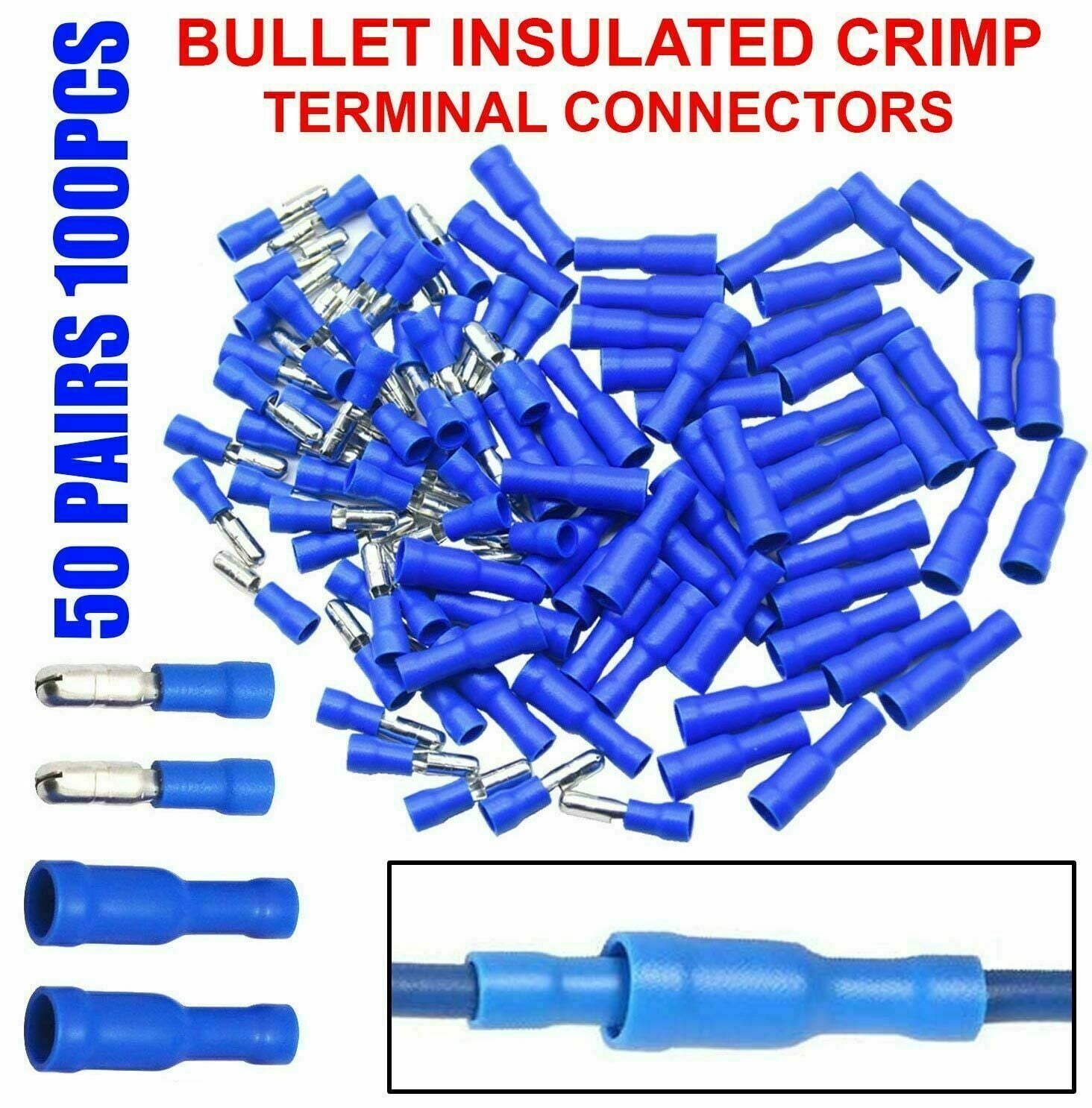 Blue Bullet Connector Electrical For 14-16AWG Insulated Crimp Male +female - Walmart.com