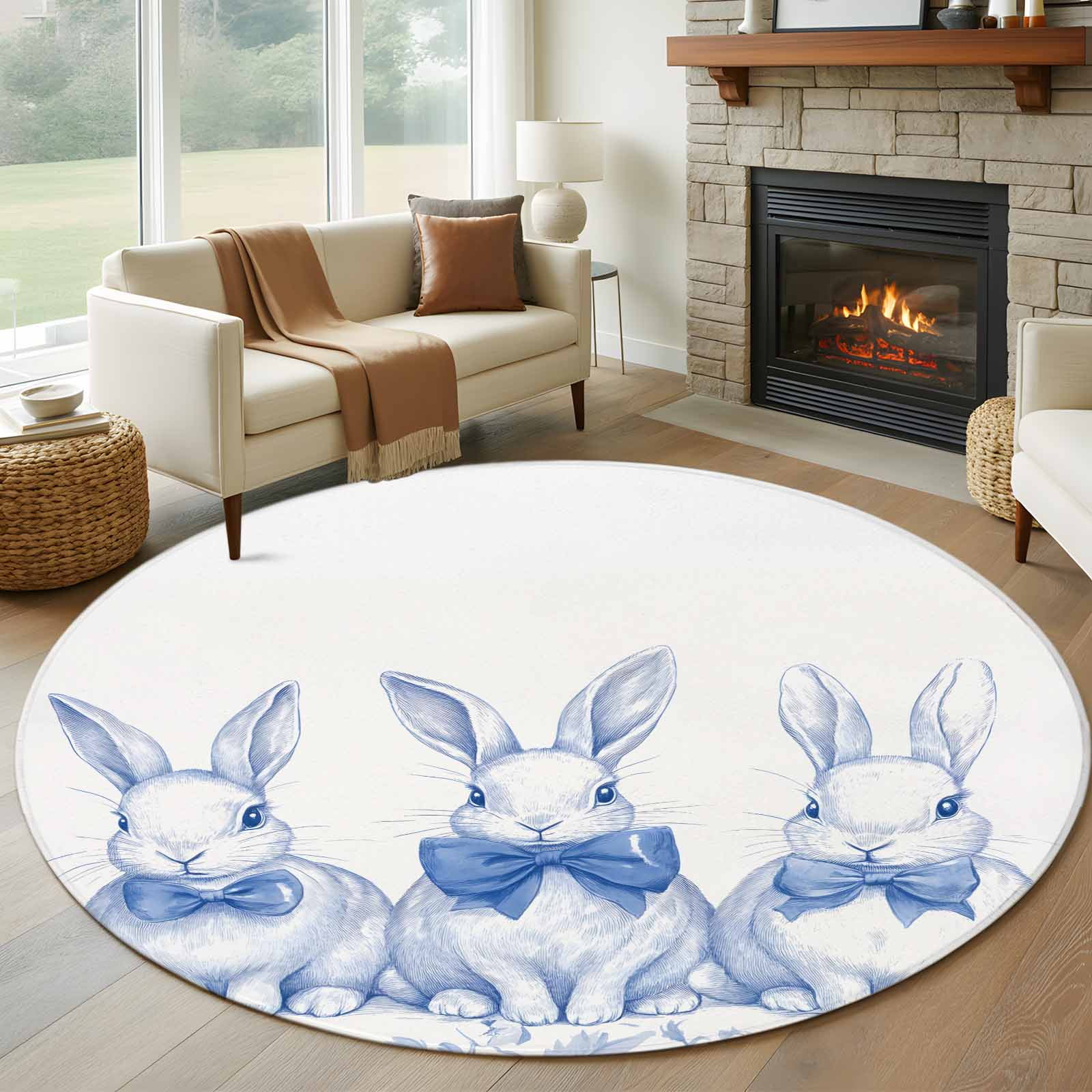 Blue Bunny Easter Round Area Rug 6 FT, Non Slip Bedroom Rugs, Vintage ...