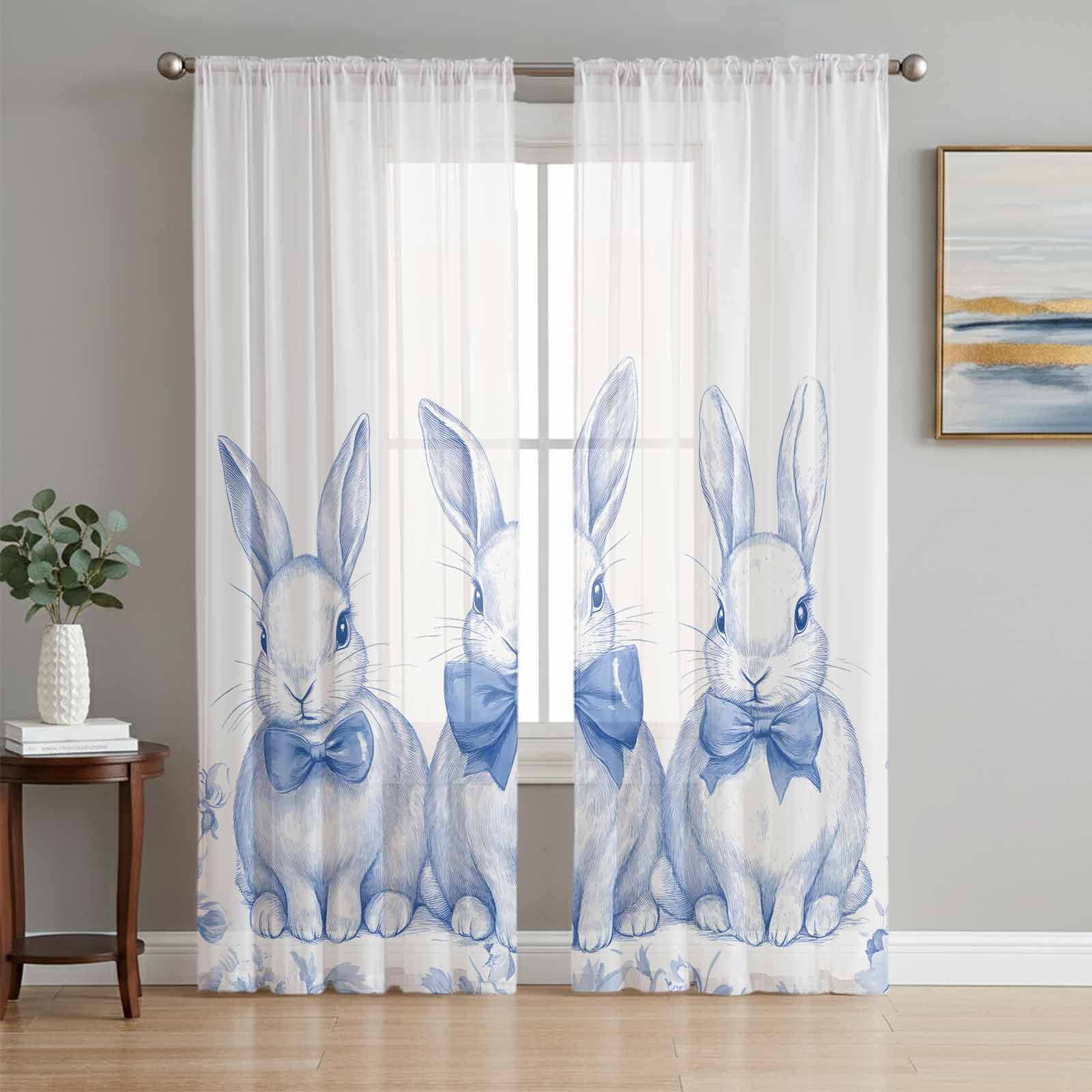Blue Bunny Easter Sheer Curtains 63 Inch Length 2 Panels Set, Vintage ...