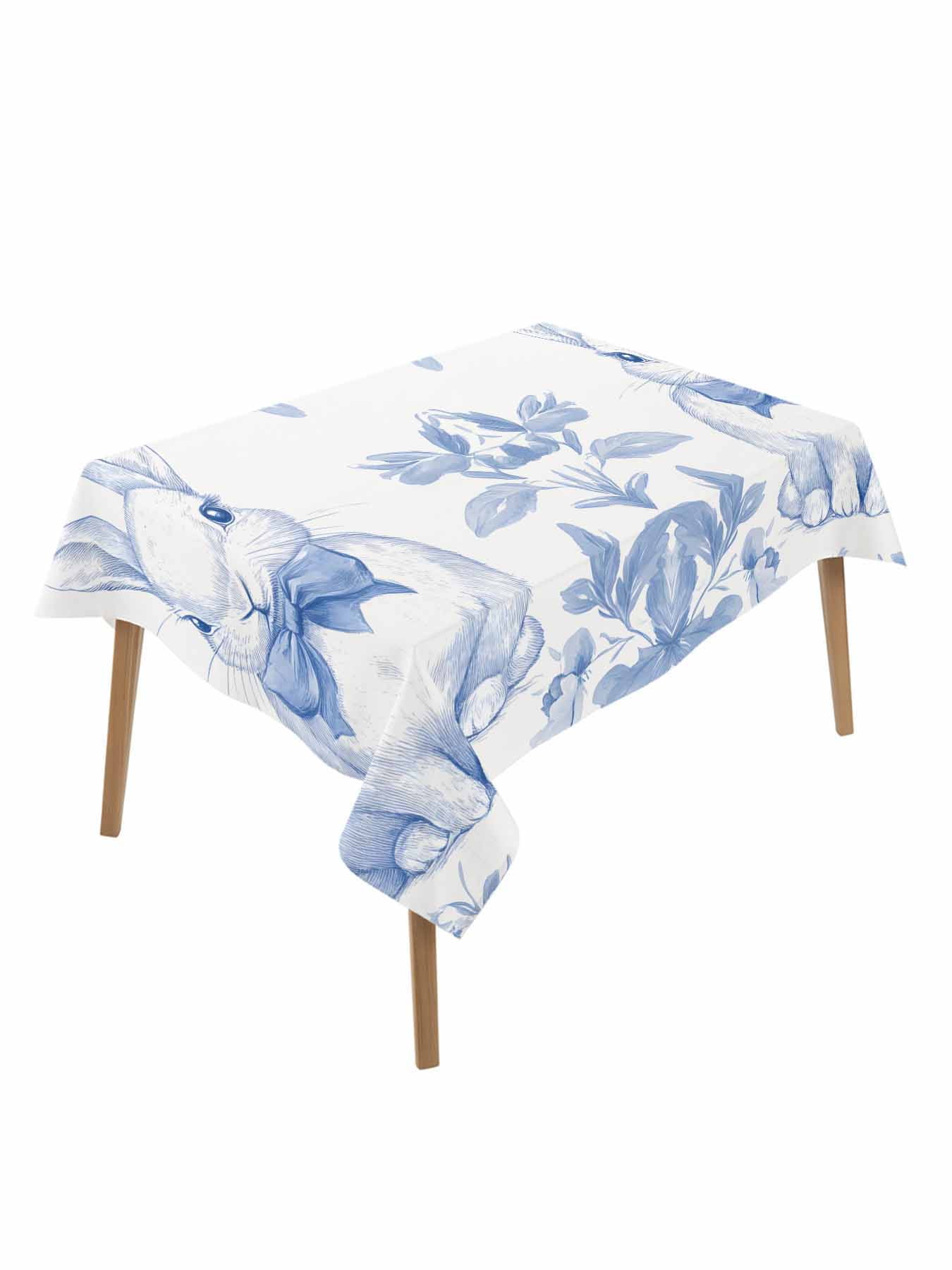 Blue Bunny Easter Table Cloth, Vintage Rabbit Spring Floral Waterproof ...