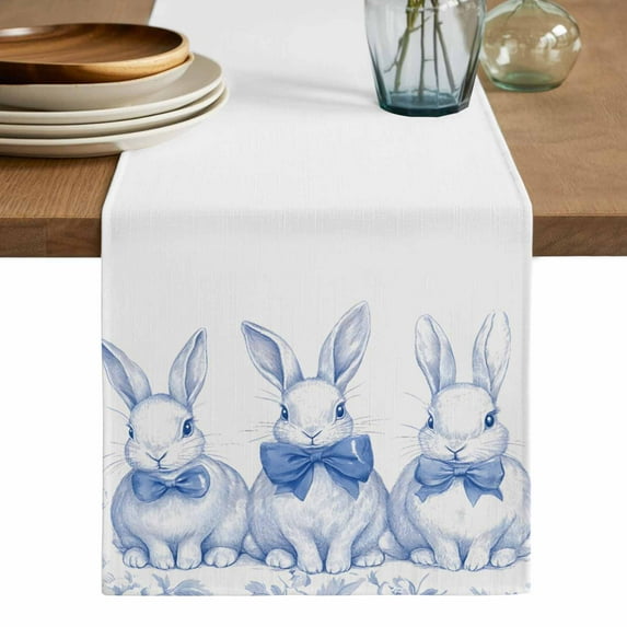 Blue Bunny Easter Table Runner, Vintage Rabbit Spring Floral Washable ...