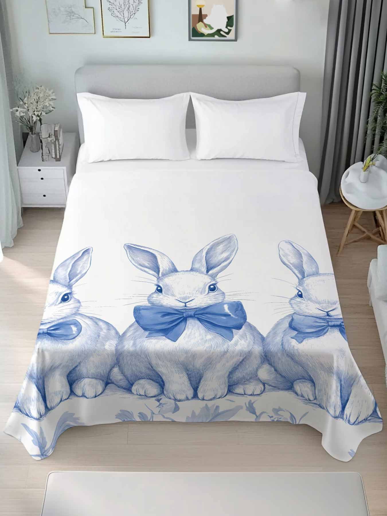 Blue Bunny Easter Twim Size Flat Sheet, Wrinkleproof & Fadeproof ...