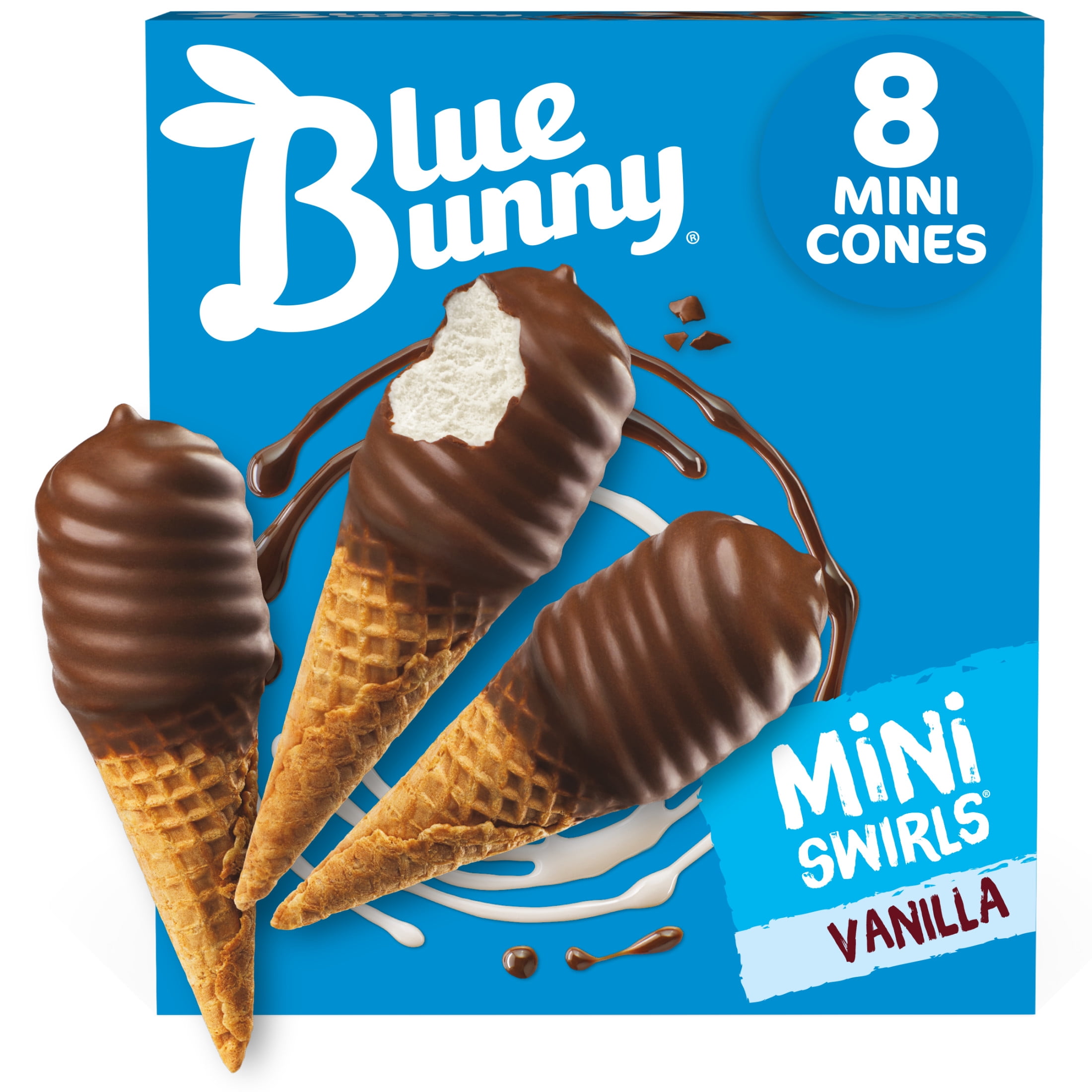 Blue Bunny Mini Swirls Vanilla Flavored with Chocolate Flavored Coating Frozen Dessert Cones, 18 ...