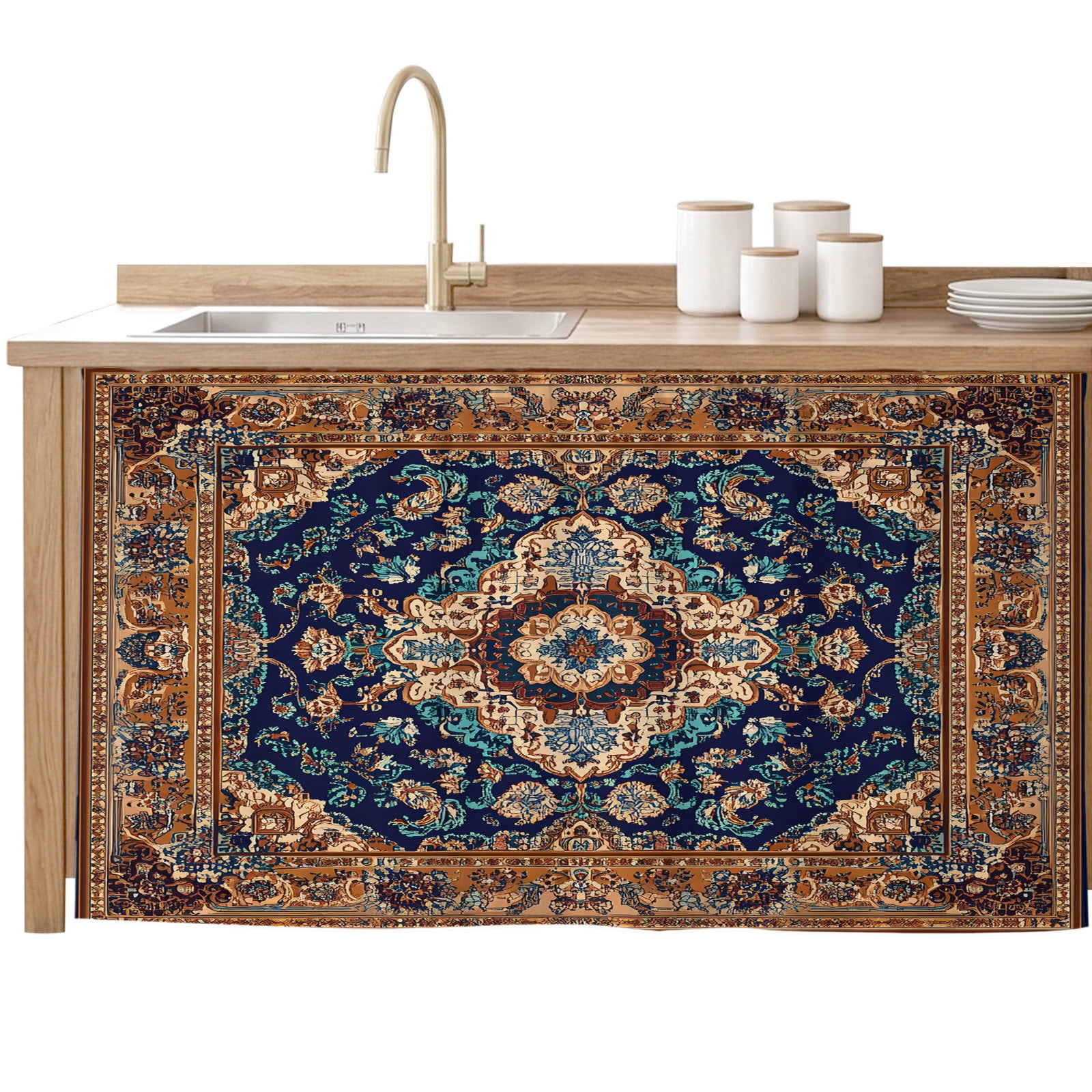 Blue Burnt Orange Boho Cabinet Curtains 28"W x 51"L,Dustproof Sink ...