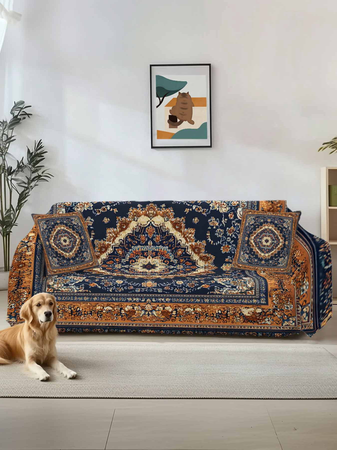 Blue Burnt Orange Boho Couch Cover, Antique Southwestern Tribal Sofa ...