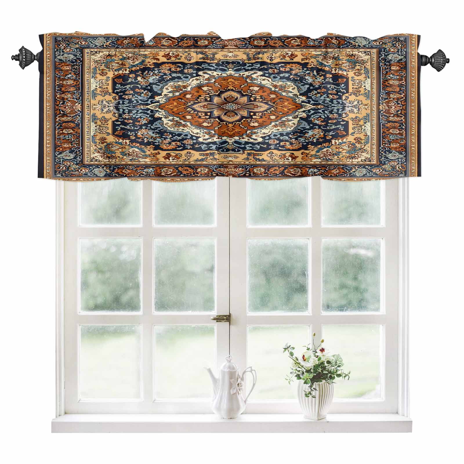 Blue Burnt Orange Boho Kitchen Valances for Windows 60x18 Inch Kitchen ...