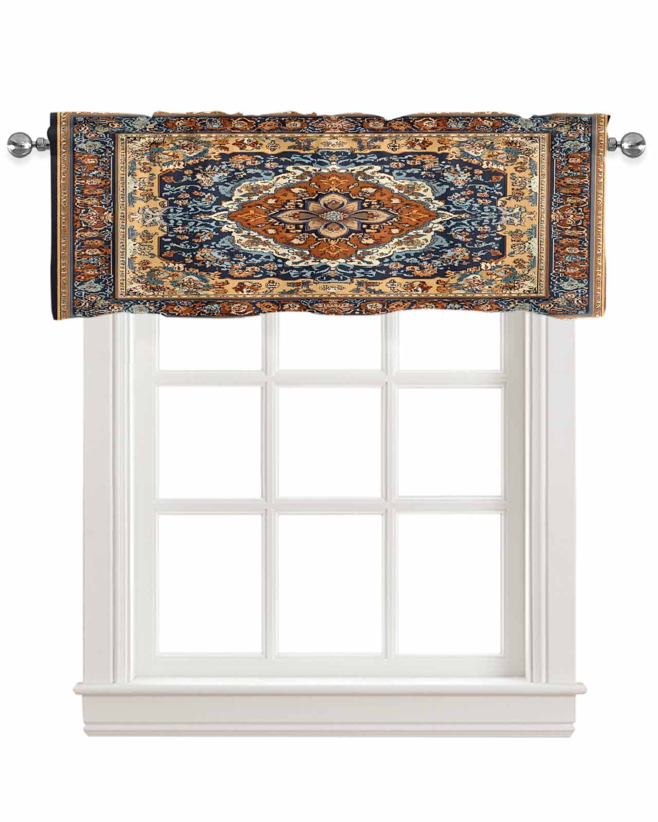 Blue Burnt Orange Boho Kitchen Valances for Windows Farmhouse Linen ...
