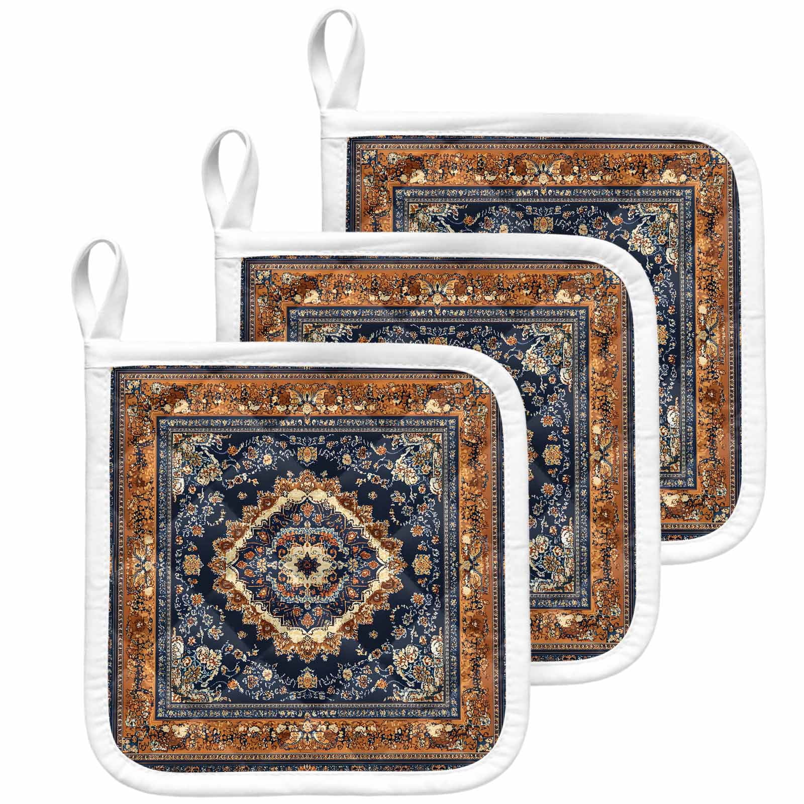 Blue Burnt Orange Boho Pot Holders for Kitchen Heatproof Potholder, 3 ...