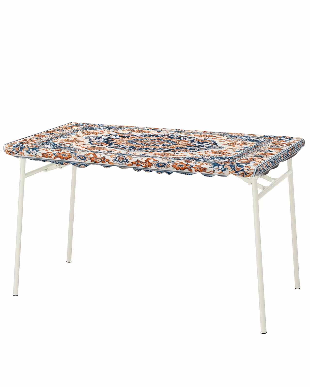 Blue Burnt Orange Boho Rectangle Tablecloth, Waterproof Elastic Fitted ...