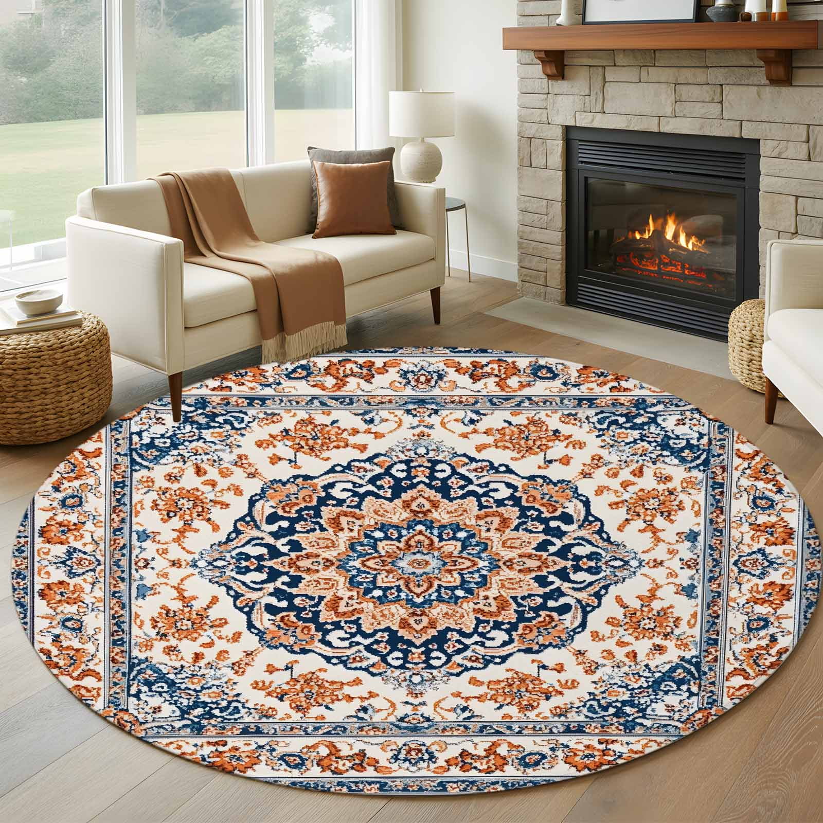 Blue Burnt Orange Boho Round Rug 5ft Washable Circle Kitchen Rugs Non ...