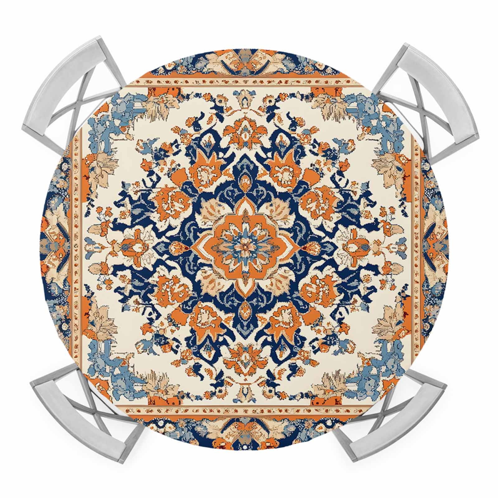 Blue Burnt Orange Boho Round Tablecloth for 36-44 Inch Tables, Fitted ...
