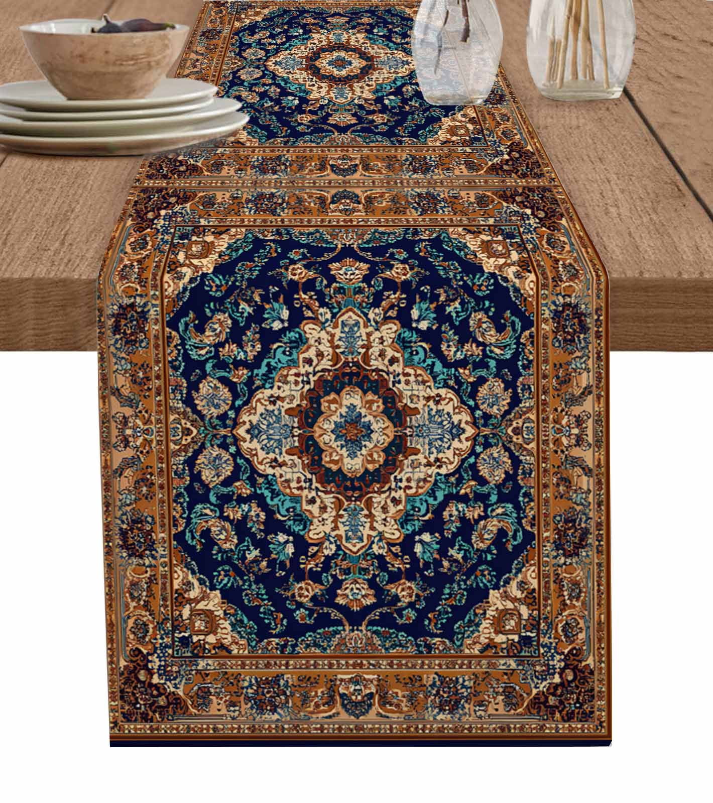 Blue Burnt Orange Boho Table Runner 108 Inches, Antique Tribal ...