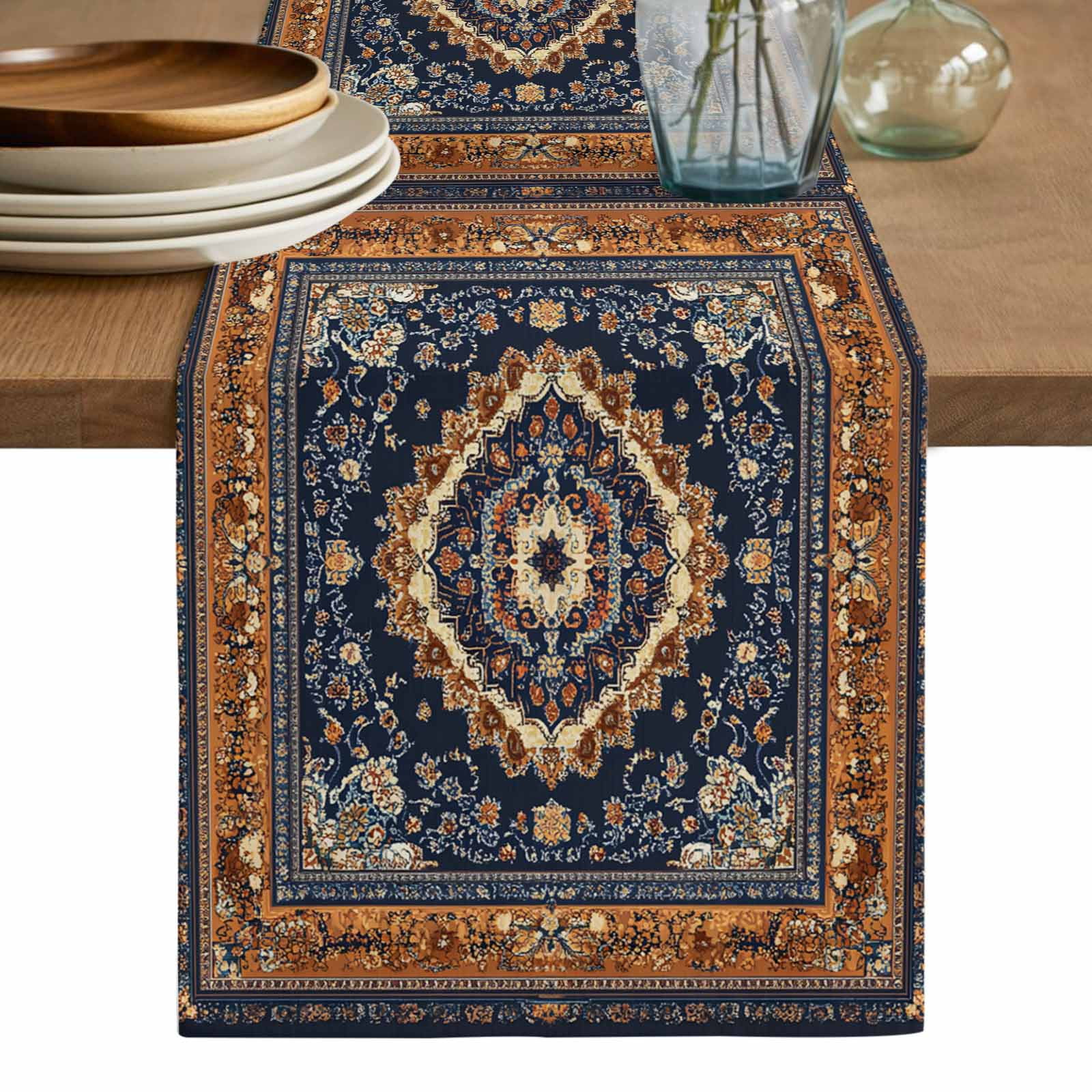 Blue Burnt Orange Boho Table Runner, Antique Southwestern Tribal ...