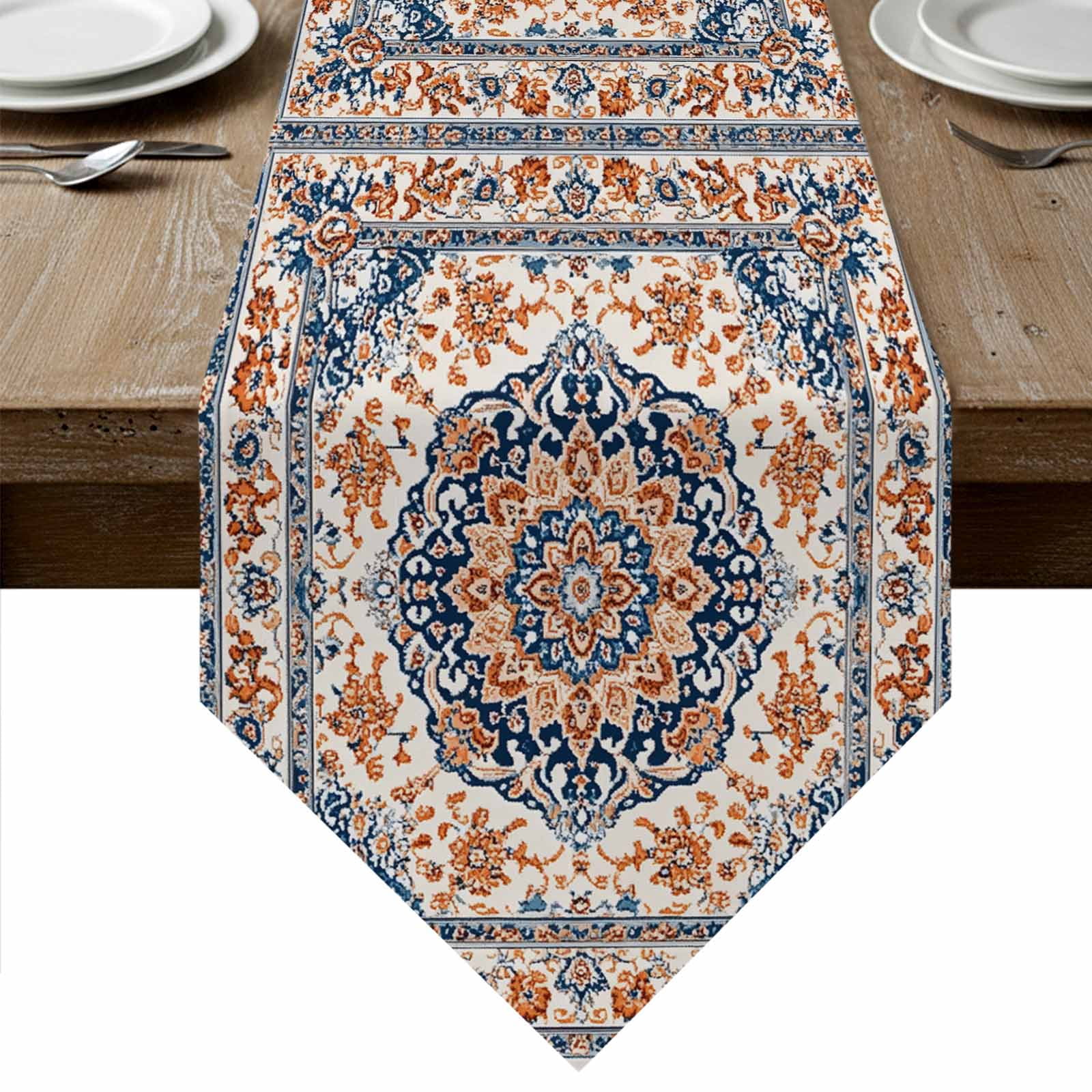 Blue Burnt Orange Boho Table Runner Linen Burlap Table Runner 70 Inches ...