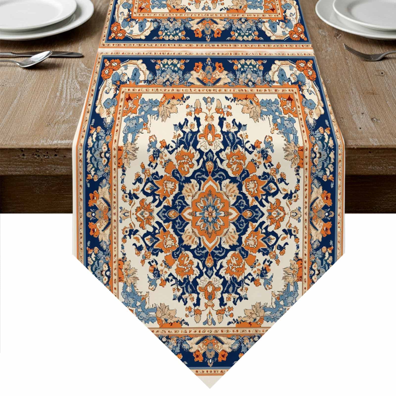 Blue Burnt Orange Boho Table Runner Linen Burlap Table Runner 90 Inches ...
