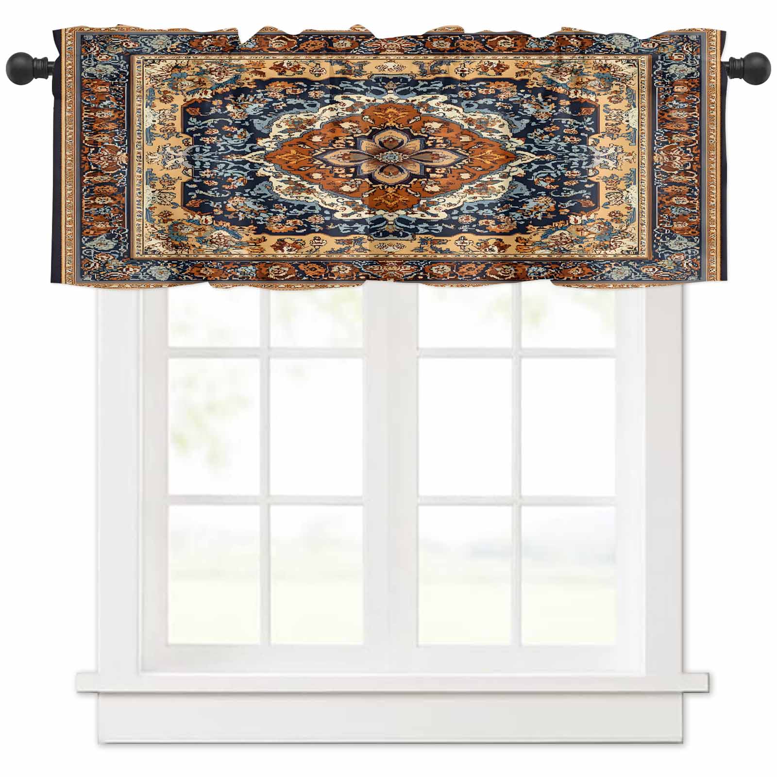 Blue Burnt Orange Boho Valances for Windows Farmhouse Kitchen Curtains ...