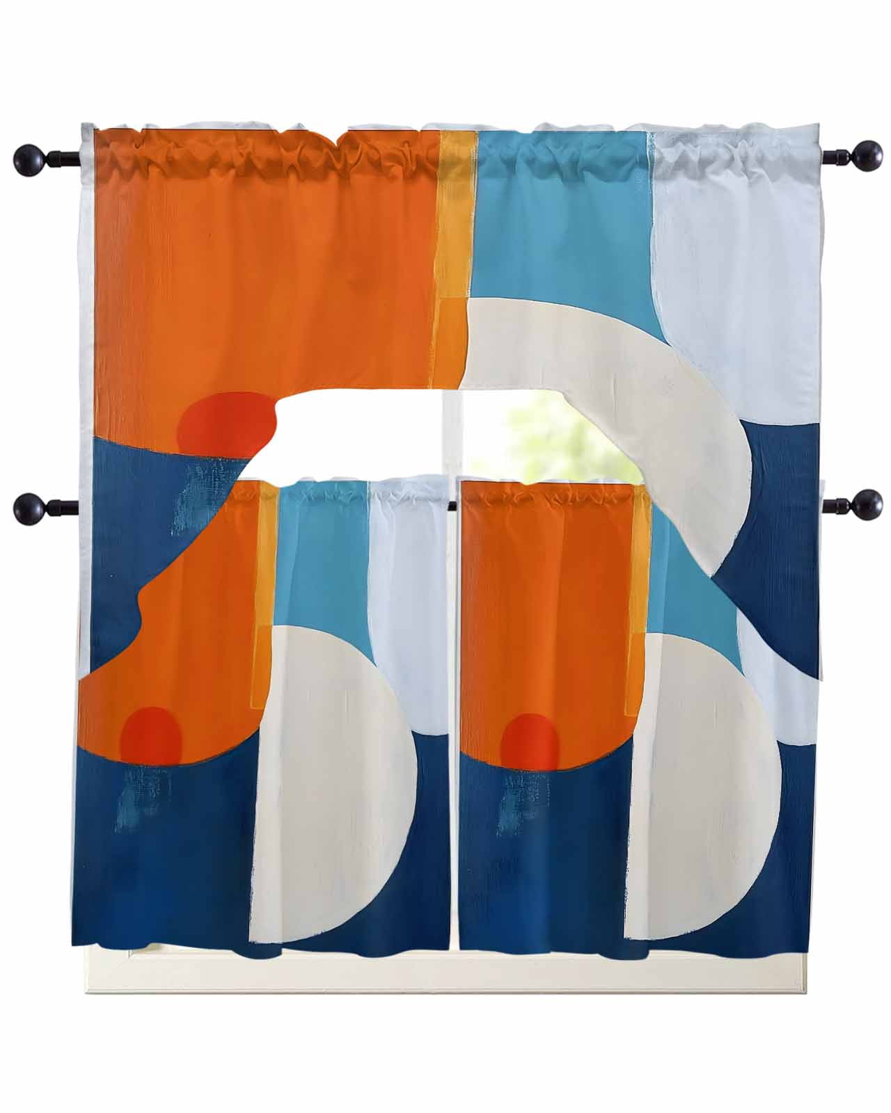 Blue Burnt Orange Kitchen Curtain and Valance Set 3 Pieces, Rod Pocket ...