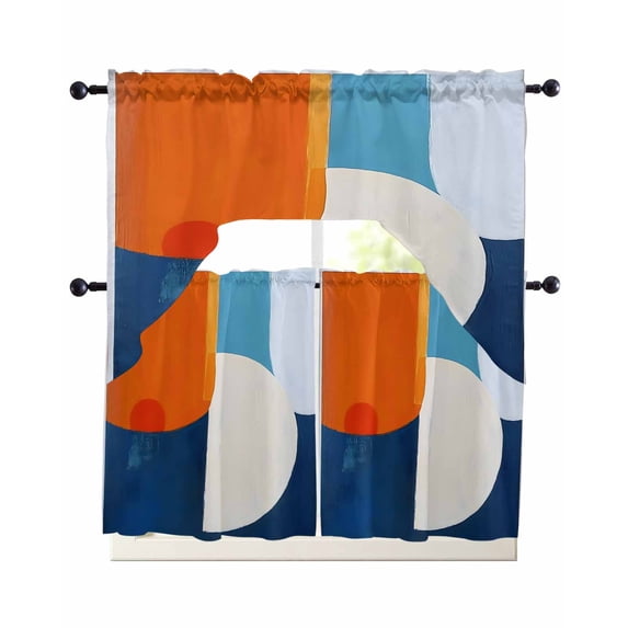 Blue Burnt Orange Kitchen Curtain and Valance Set 3 Pieces, Rod Pocket ...