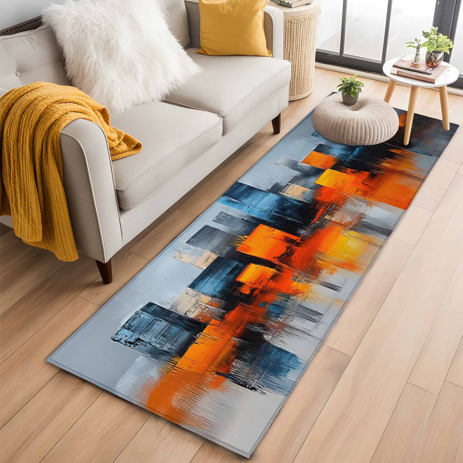 Blue Burnt Orange Runner Rug 2x6 FT,Non Slip Hallway Rugs,Modern Oil ...