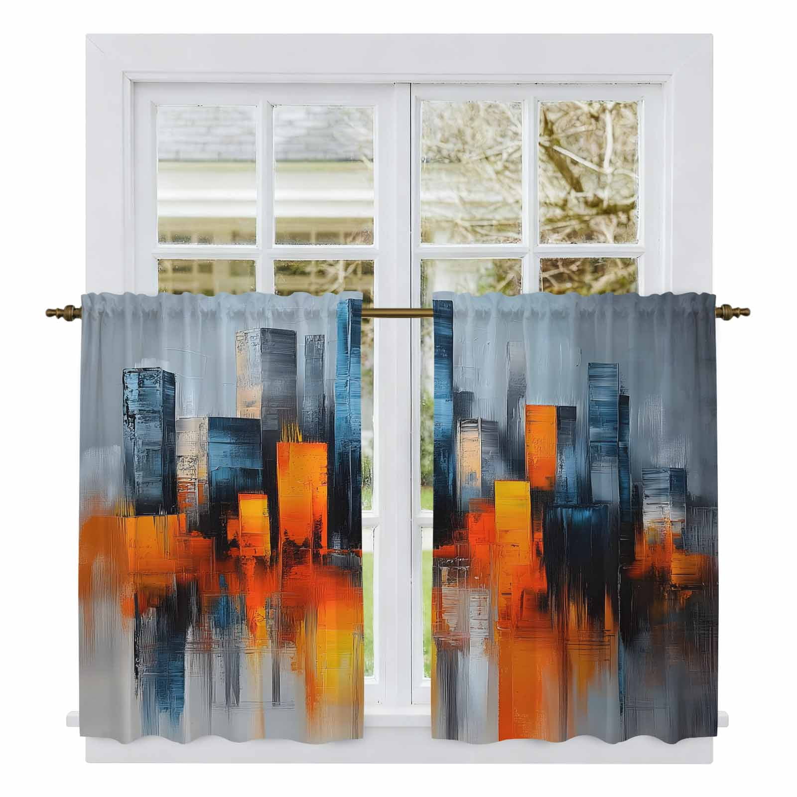 Blue Burnt Orange Tier Curtains, Modern Oil Painting Geometric Abstract ...