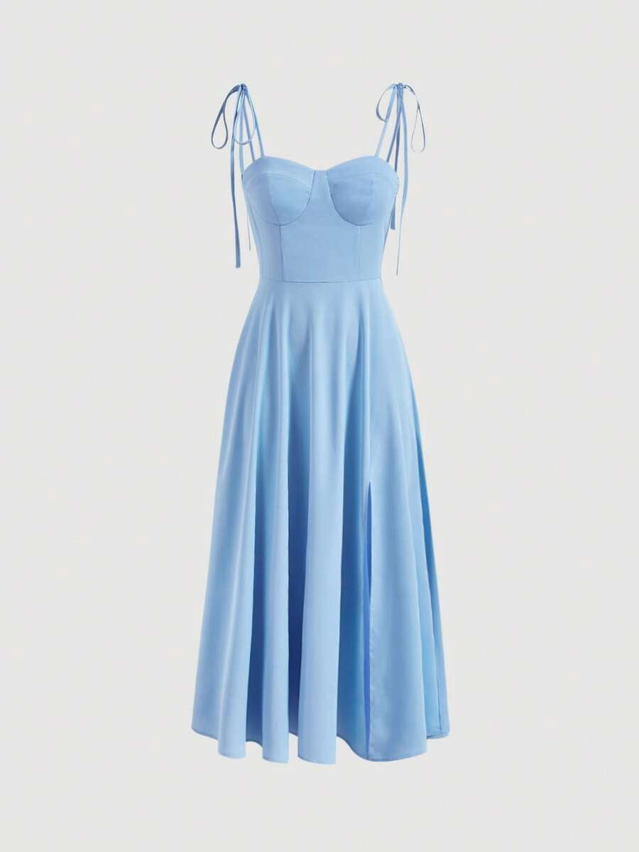 Blue Bustier Waist Tie-Shoulder A-Line Midi Cami Dress For Women ...