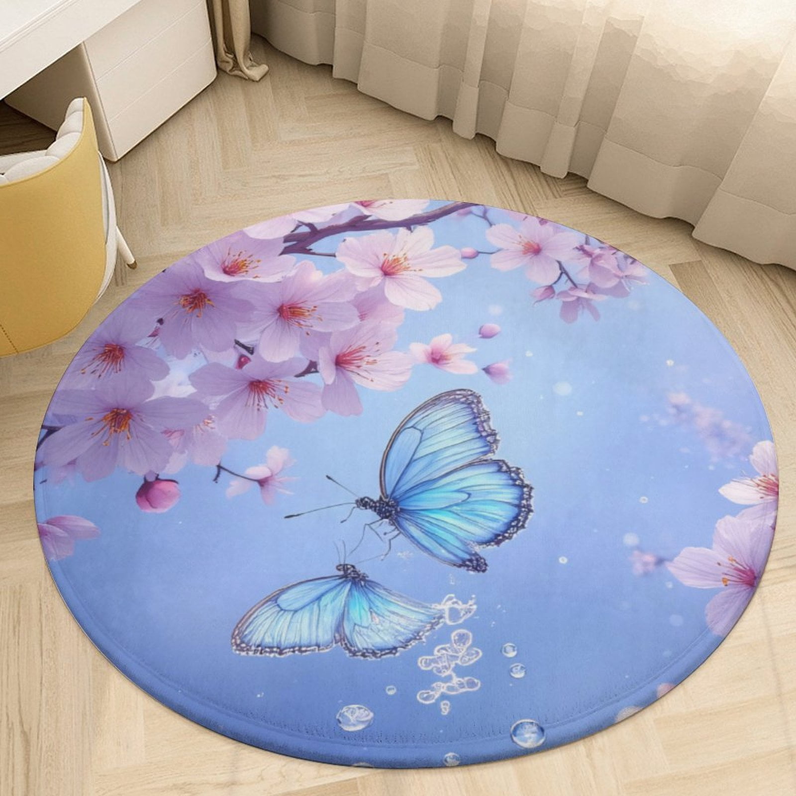 Blue Butterflies And Pink Blossoms Round Area Rugs for Bedroom Living ...
