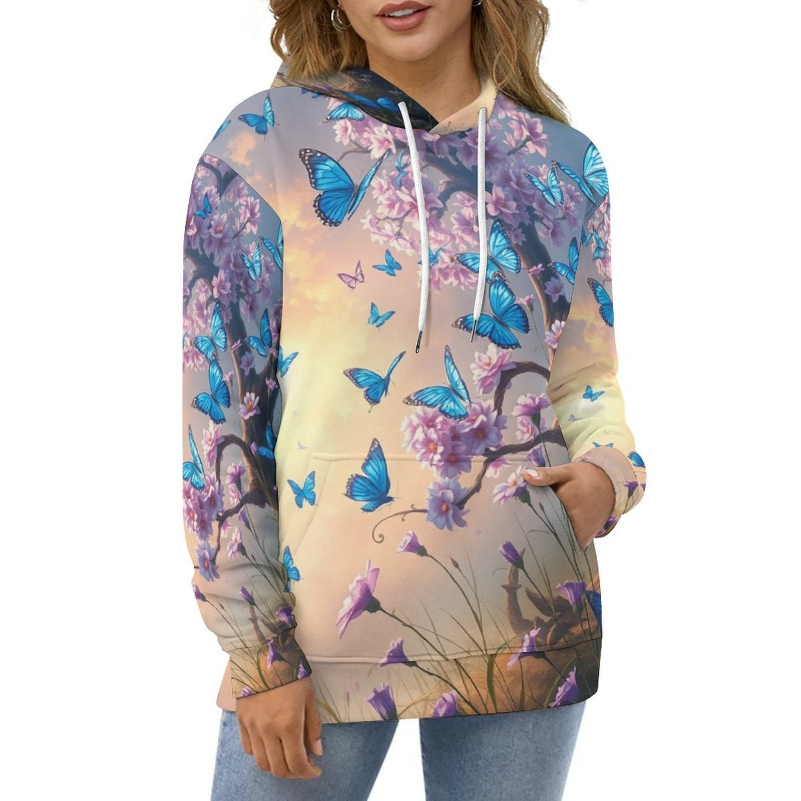 Blue Butterflies Blossom Tree Hoodies Oversized Hoodie Women Long ...