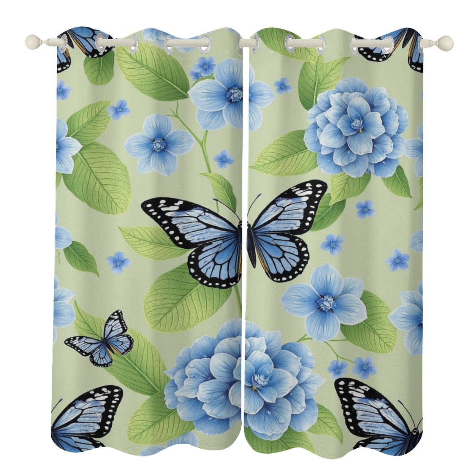 Blue Butterflies Flowers 2 Pieces Window Drape Curtain for Living Room ...