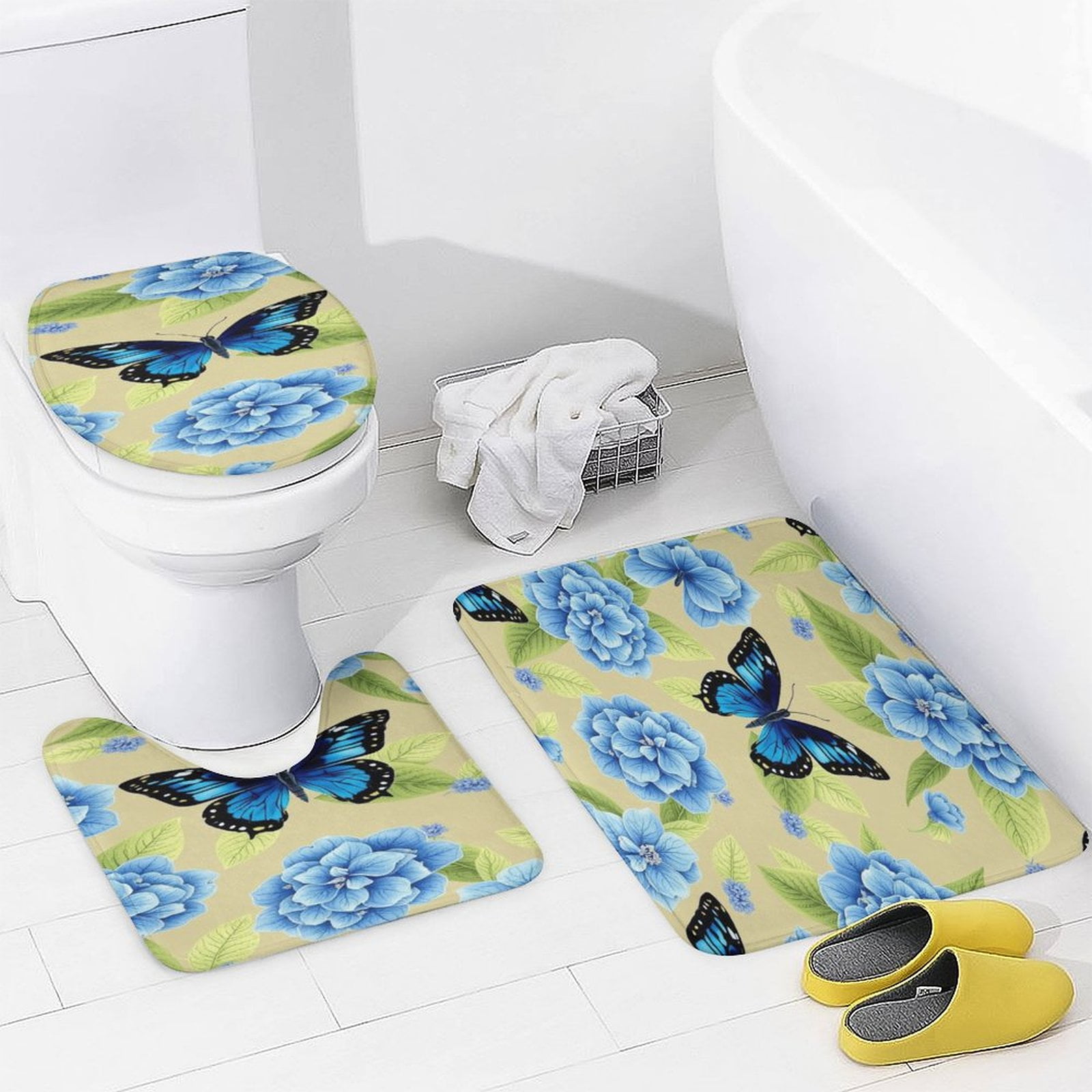 Blue Butterflies Flowers Bathroom Rugs Set 3 Piece with Non-Slip Bath ...