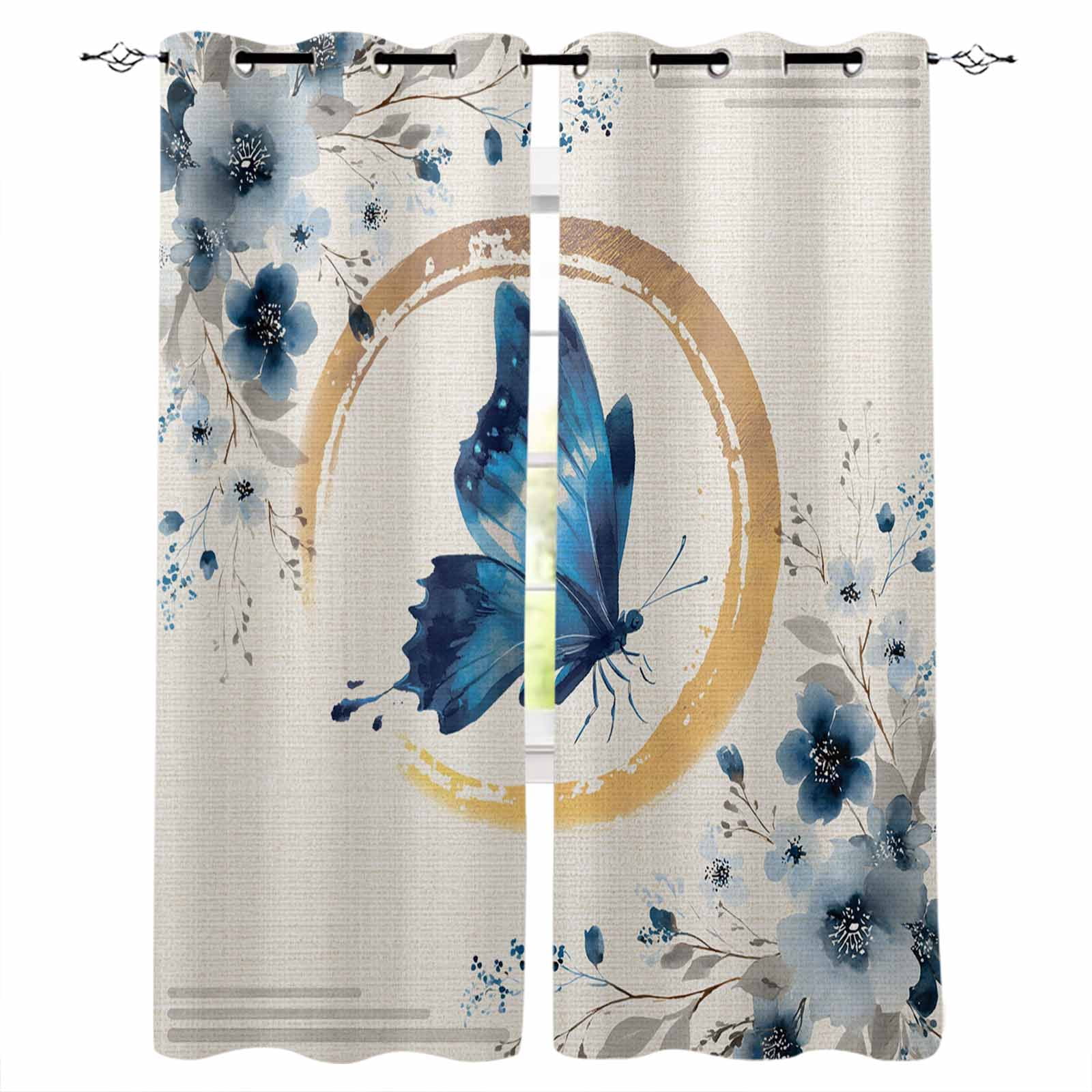 Blue Butterflies Flowers Blackout Curtains for Bedroom/Living Room ...