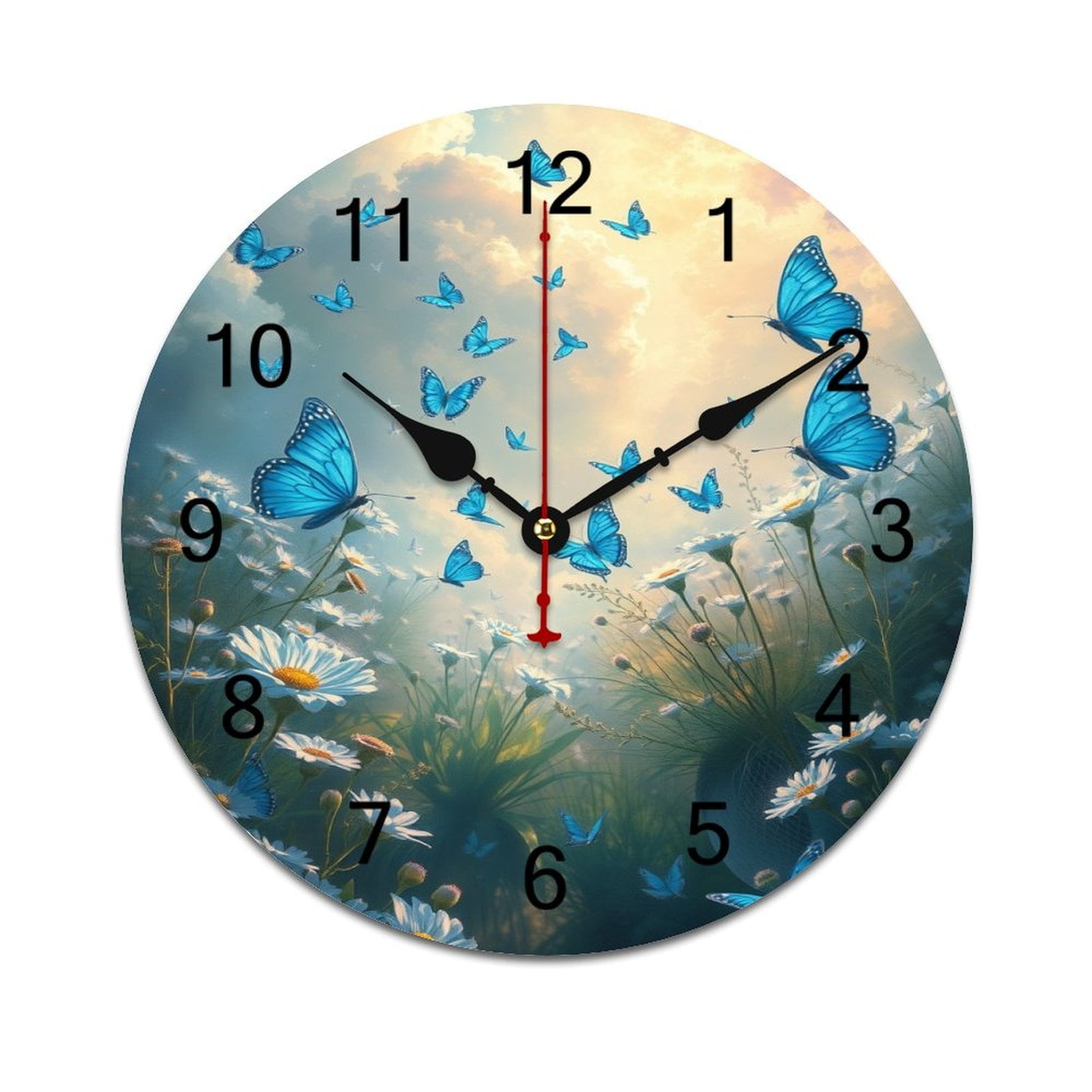 Blue Butterflies Flowers Heaven Round Wall Clock Modern Design Home ...