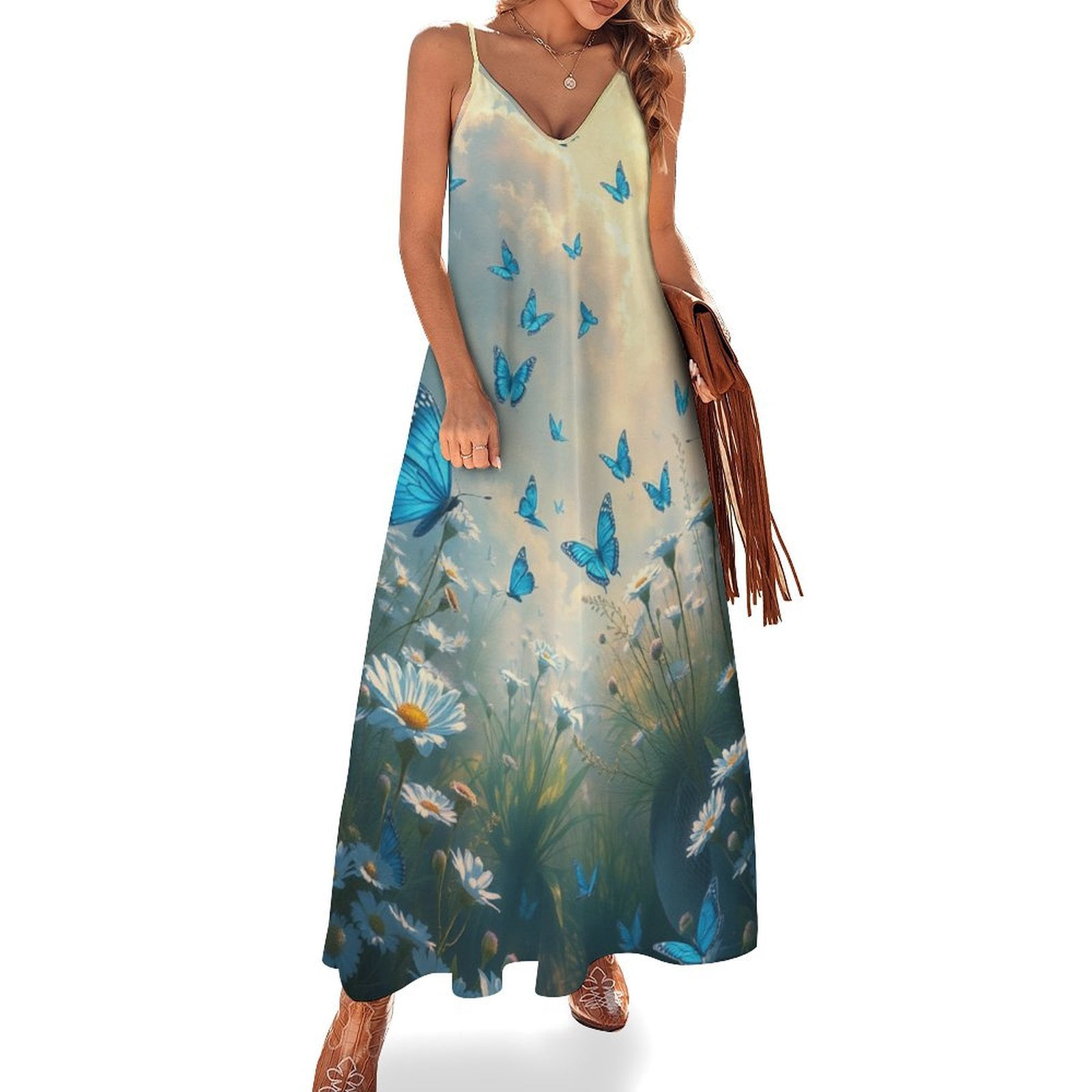 Blue Butterflies Flowers Heaven Sleeveless Dress Women's Clothing 2025 ...
