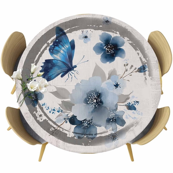 Blue Butterflies Flowers Round Tablecloth 36-44 Inch Round Fitted Table ...