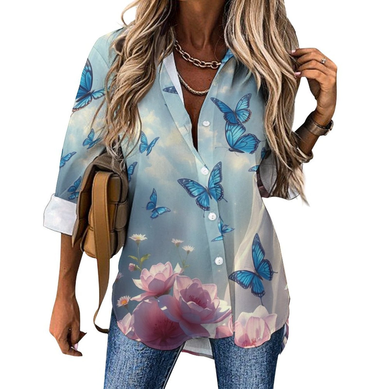 Blue Butterflies Flowers Sky Casual Blouse Long-Sleeve Blouses Woman ...