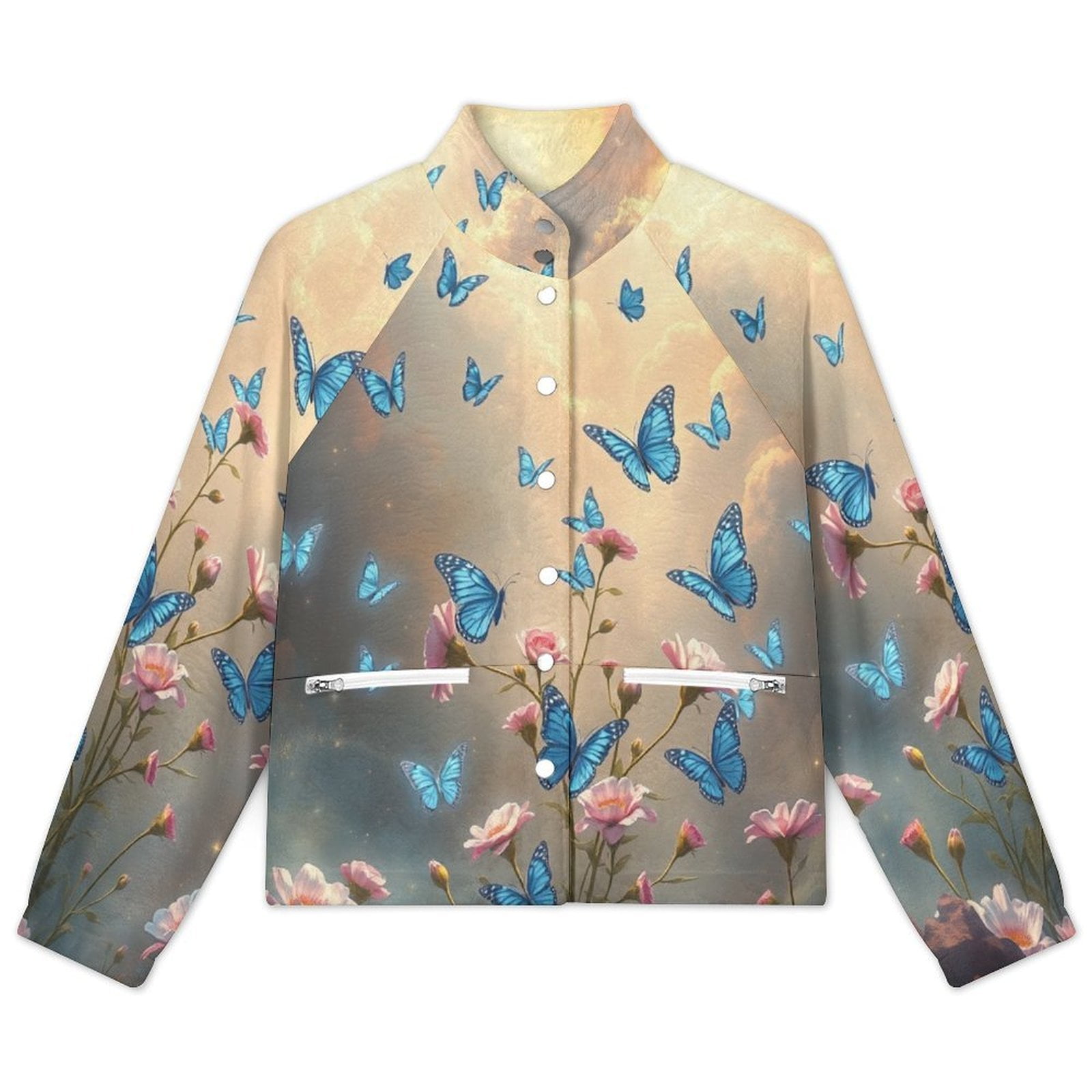 Blue Butterflies Flowers Sky Fall Winter Women Jacket Stand Collar ...