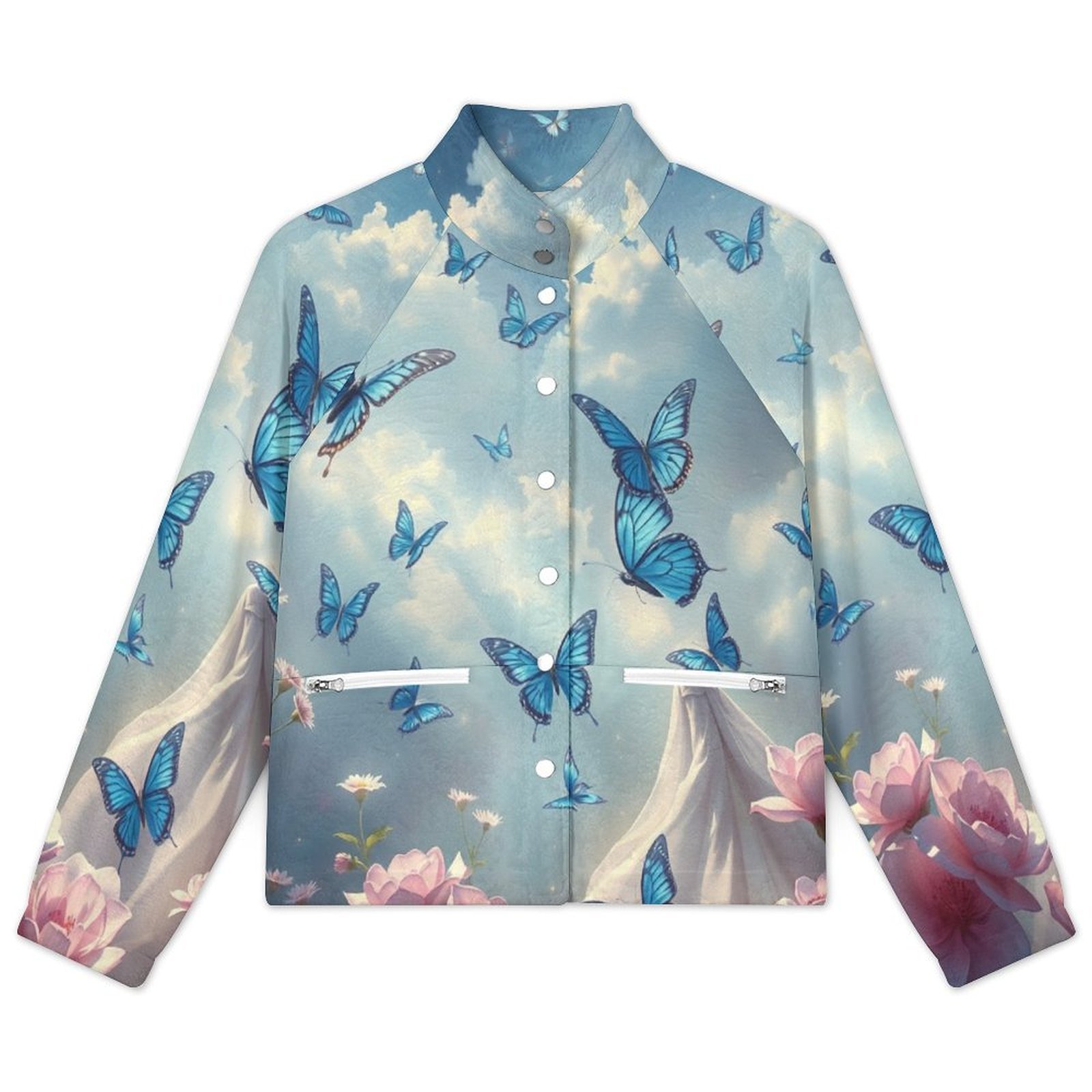Blue Butterflies Flowers Sky Warm Plush Jacket Women Autumn Winter Long ...