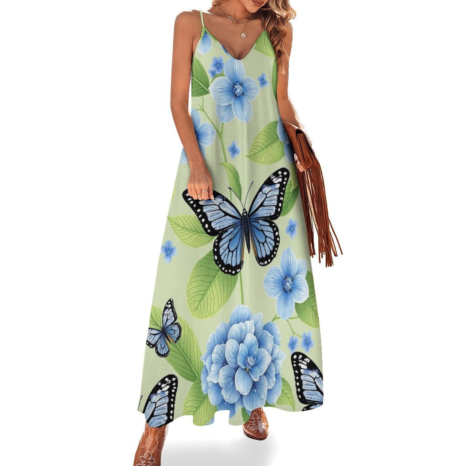 Blue Butterflies Flowers Sleeveless Dress Summer Outfits for Women 2025 Elegant Women's Sets ...