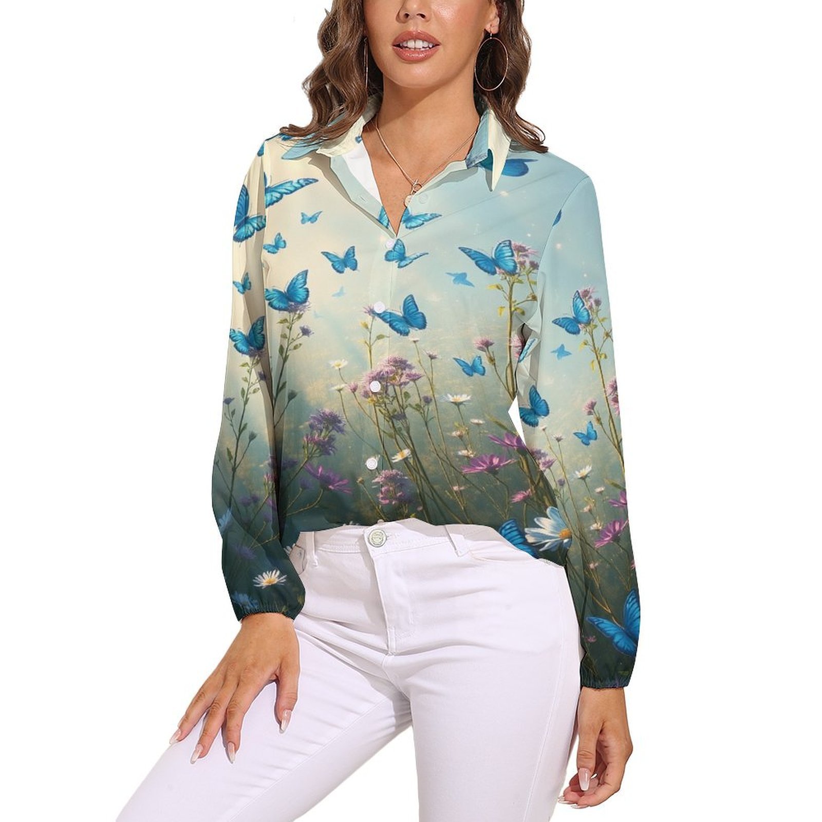 Blue Butterflies Flowers Sun Blouse For Women Loose Blouses Long Sleeve ...