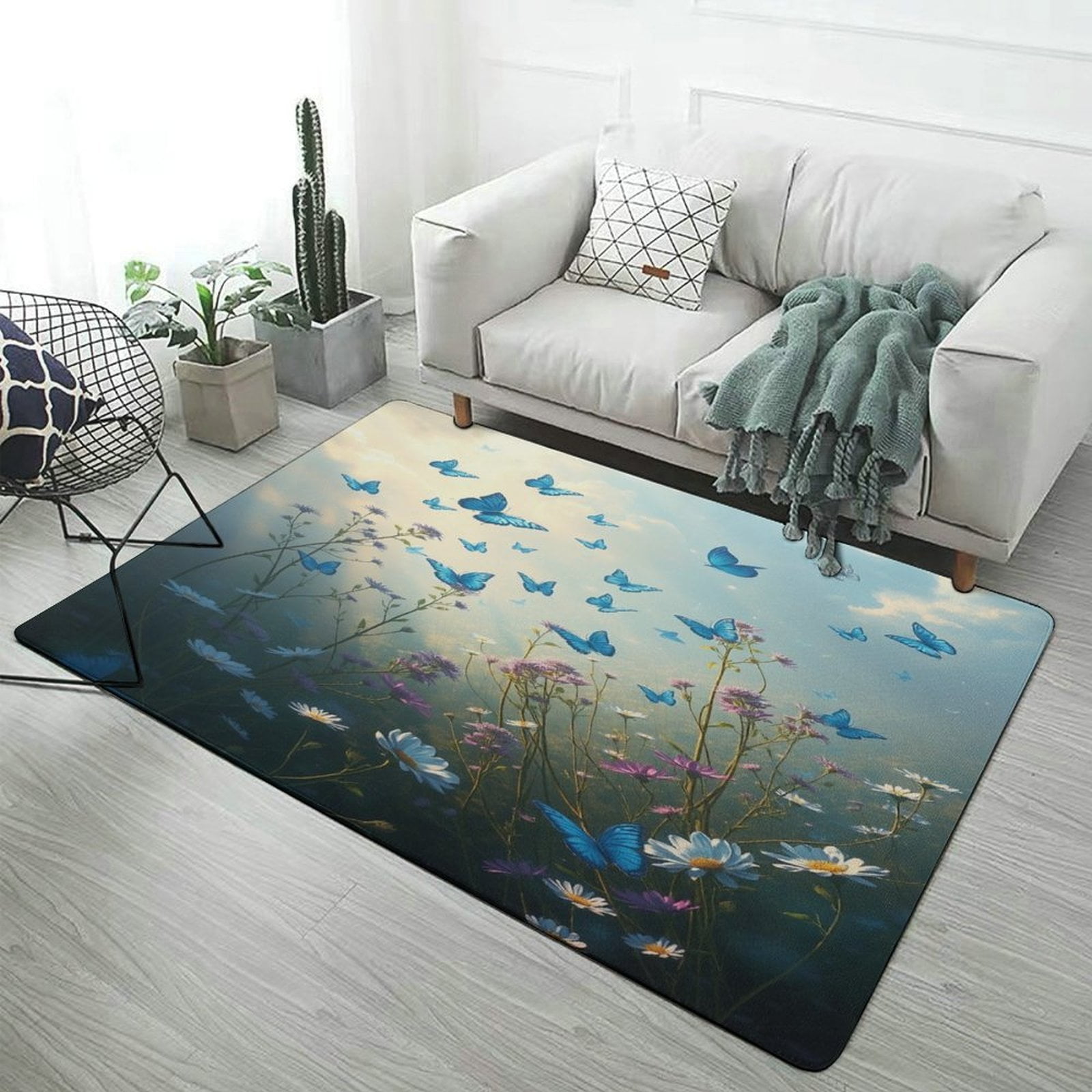 Blue Butterflies Flowers Sun Light Luxury Home Carpets Living Room ...