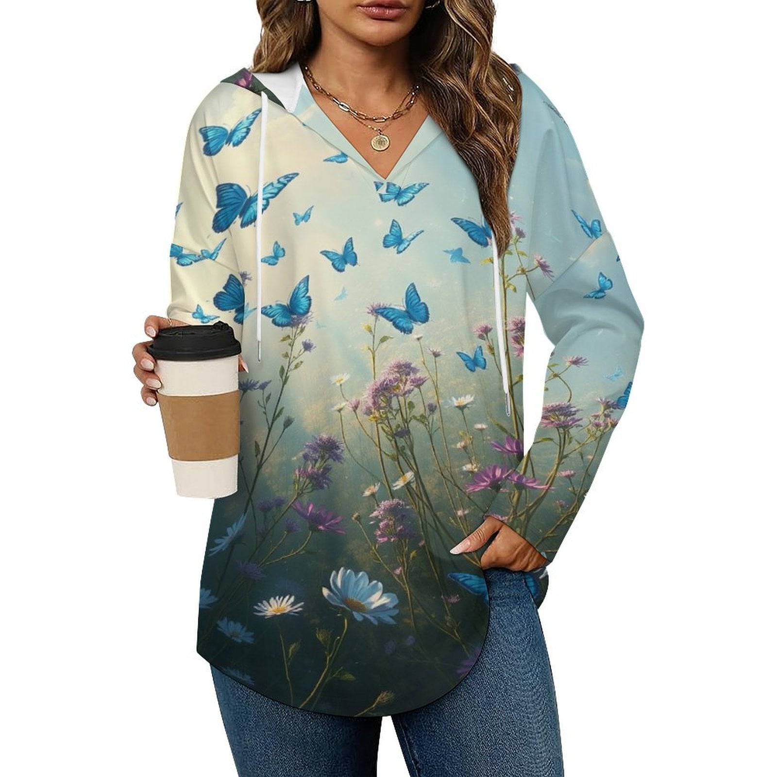 Blue Butterflies Flowers Sun Long Sleeve For Women Spring Autumn Slim ...